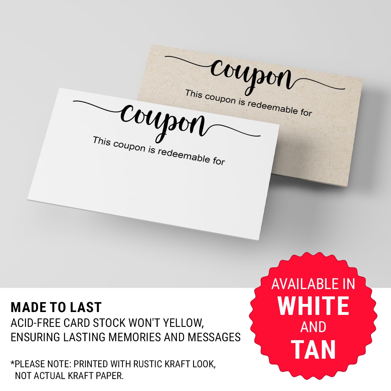 321Done Blank Coupon Cards Tan, 3.5x2 (50 Pack) Made in USA, Little DIY Gift Certificate, Vouchers for Present, Holiday, Valentines Simple Redeemable For Design, Thick Paper, Space to Personalize