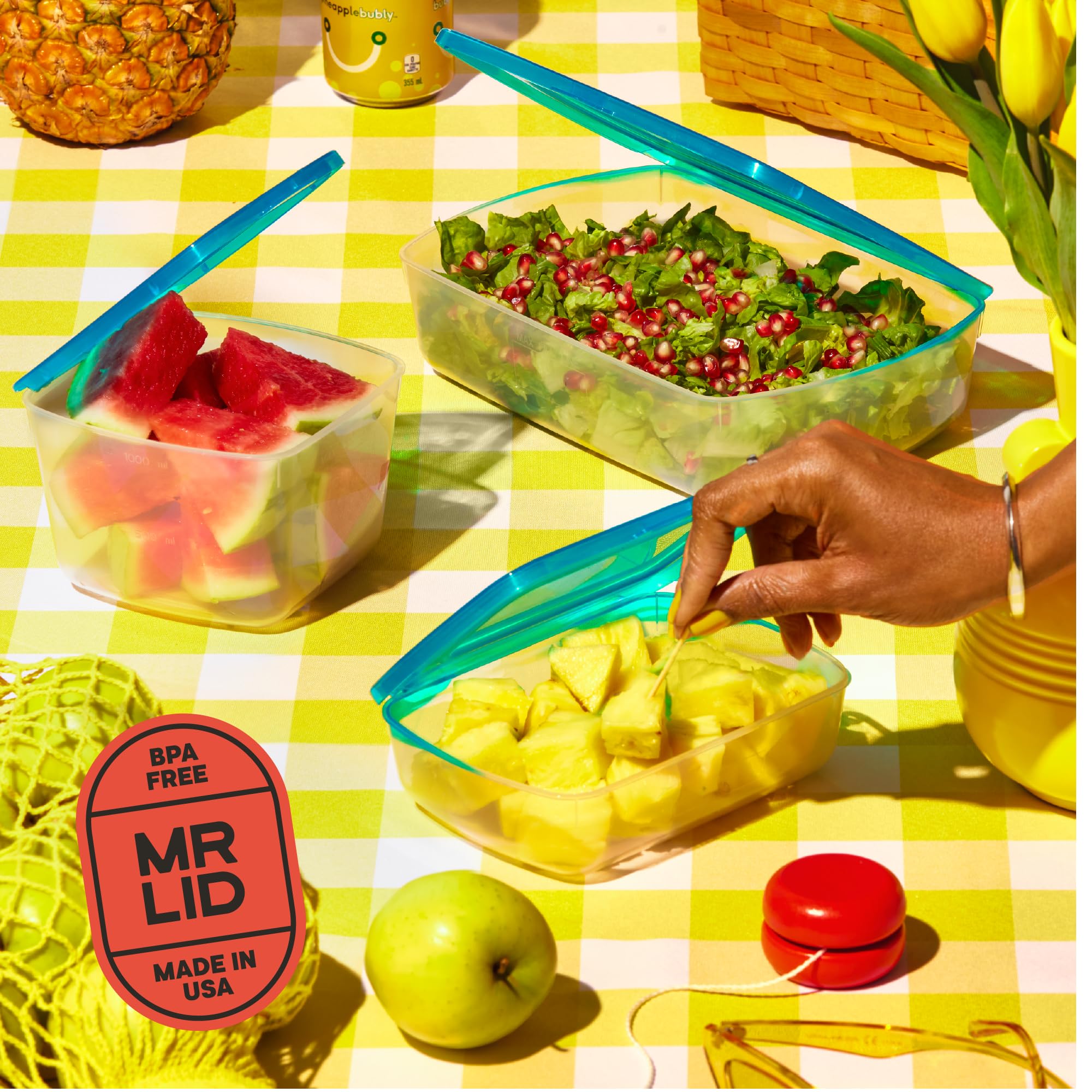Mr. Lid Premium Attached Storage Containers | Permanently Attached Plastic Lid, Never Lose | Space Saving (17 Piece Set)
