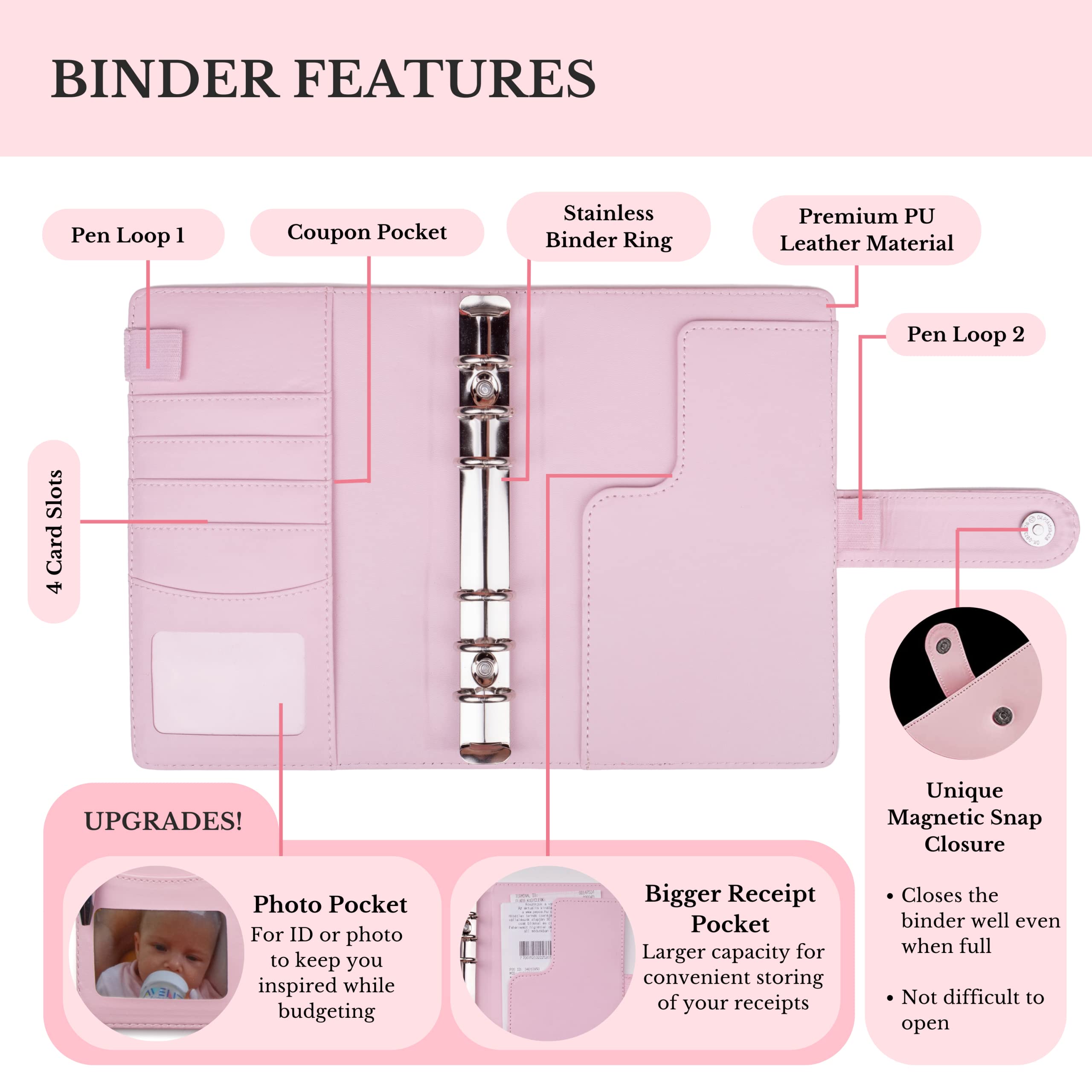 Budget Binder Cash Envelope System - A6 Pink Leather Binder with 6 Rings, 12 Clear Cash Envelopes 12 Budget Sheets Complete Money Organizer Set Money Planner, Expense Tracker, Saving & Budgeting Set