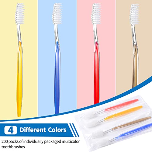 YOUKE OLA 200 Disposable Toothbrushes Individually Packaged Multi Color Pack Affordable Bulk Pack of Disposable Manual Tooth Brush Perfect for Hotel, Guest, Camping, Travel, Giveaways | Medium