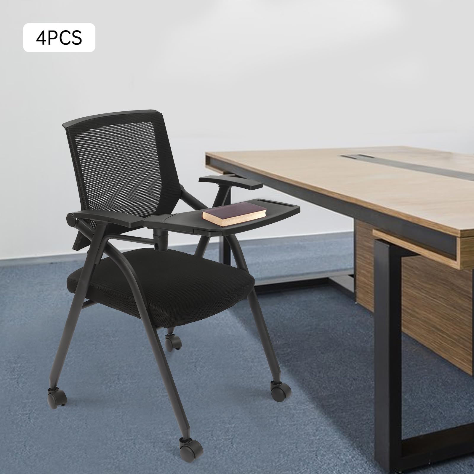 LOHISHILO 4pcs Mesh Guest Reception Stack Chair Tablet Arm Chair with Caster Arms for Office Conference, Reception, Training Room Chair, Schools, Meeting Rooms, Step Classrooms, Churches, Homes