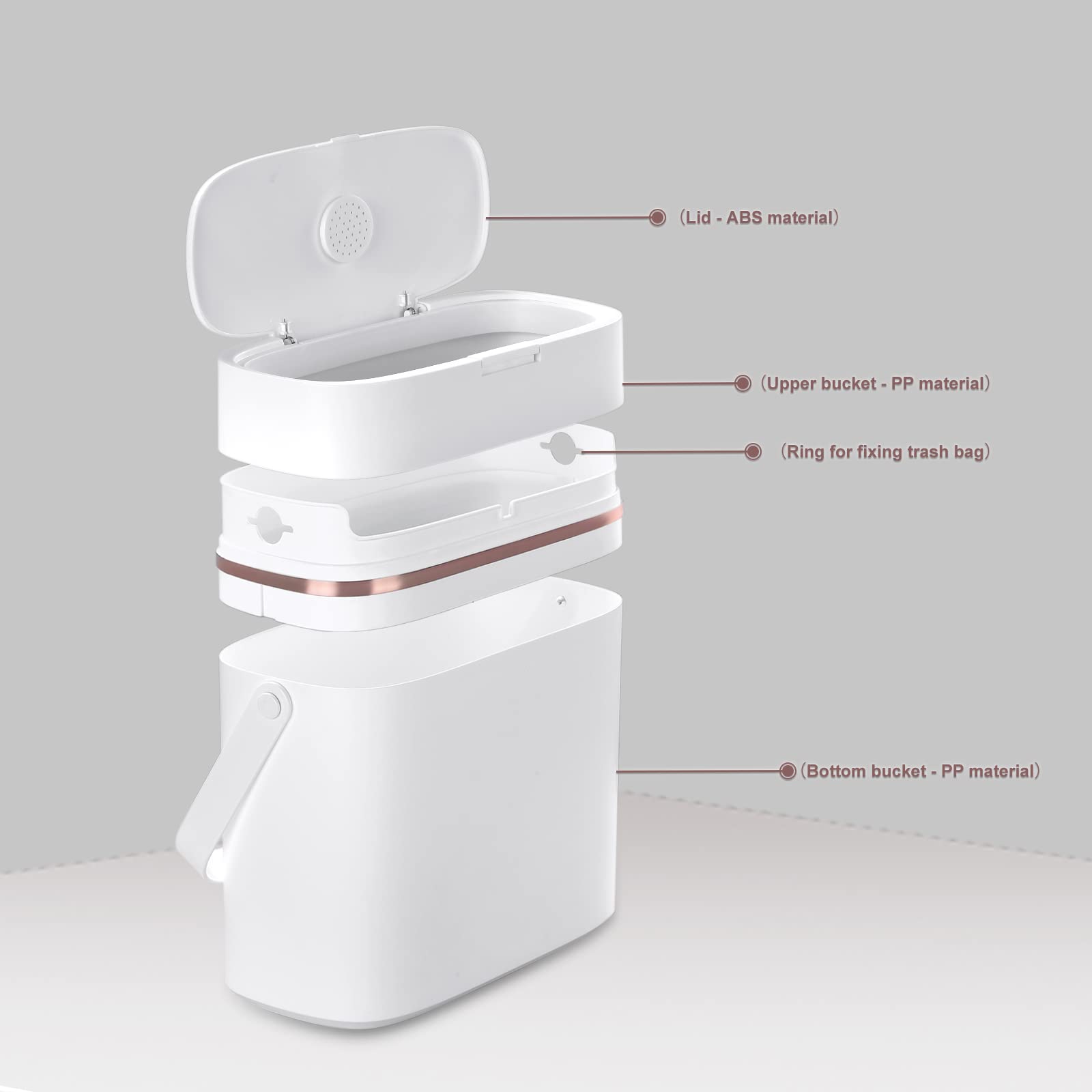 JUDRDO Small Bathroom Trash Can with Lid, Plastic Trash Can with Handle, 3.6 Gallon Bedroom Trash Can with Lid, Narrow Food Trash Can for Indoor, Bedroom, Office, RV, White