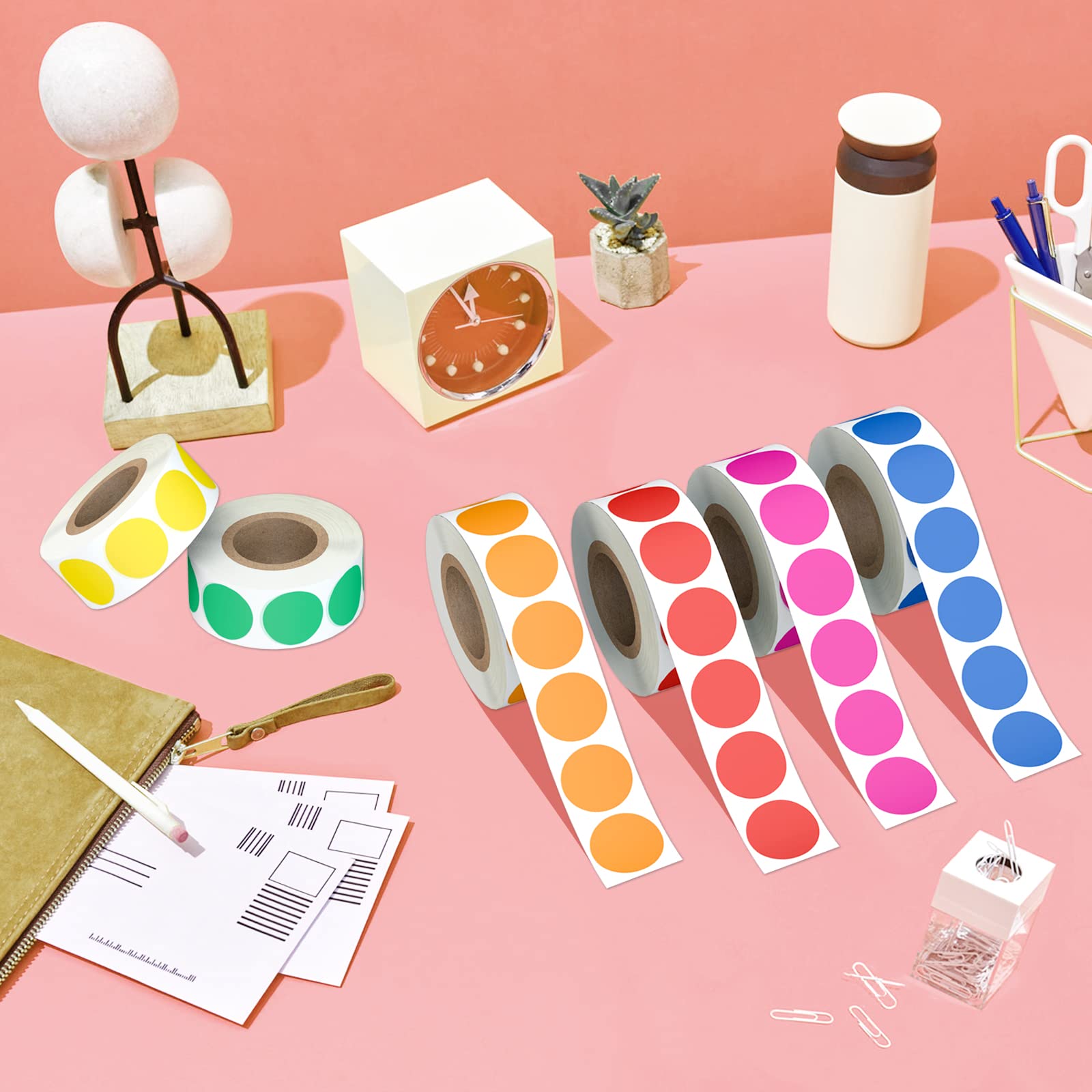 Misofuki 3000 PCS 3/4" Round Color Coding Circle Dot Labels Includes Bright Yellow Green Red Pink Orange Blue(6 Rolls,500 Labels/Roll)