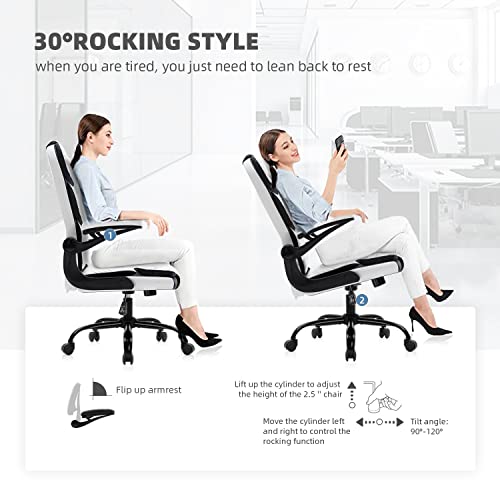 SEATZONE Home Office Desk Chairs with Wheels and Flip-up Armrests,Modern PU Leather Executive Office Chair Comfortable Ergonomic Computer Chairs for Adults and Teens,White