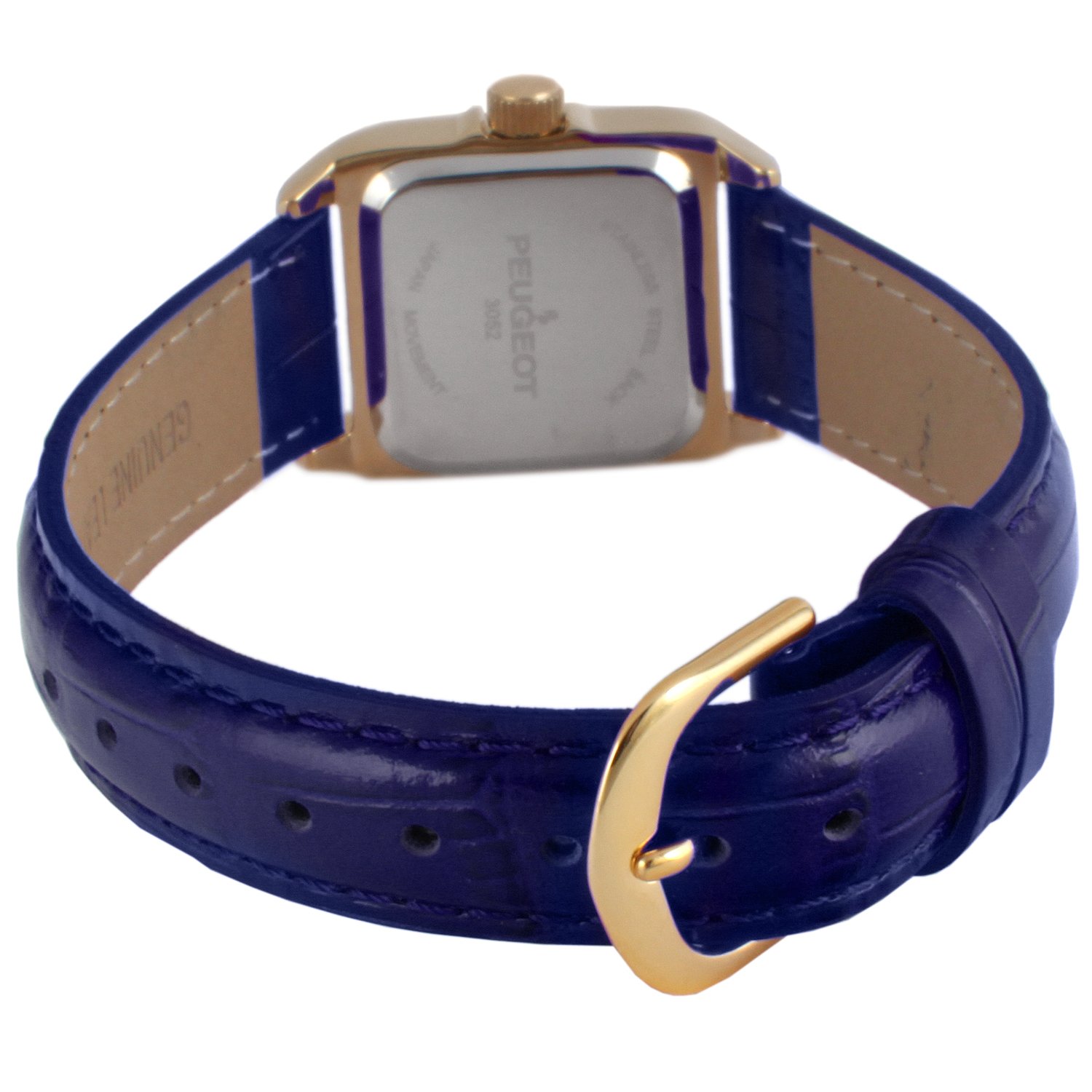 Peugeot Women's 14K Gold-Plated Tank Crystal Bezel Roman Numeral Blue Leather Band Watch 3052BL