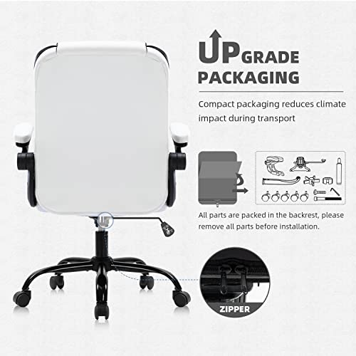 SEATZONE Home Office Desk Chairs with Wheels and Flip-up Armrests,Modern PU Leather Executive Office Chair Comfortable Ergonomic Computer Chairs for Adults and Teens,White