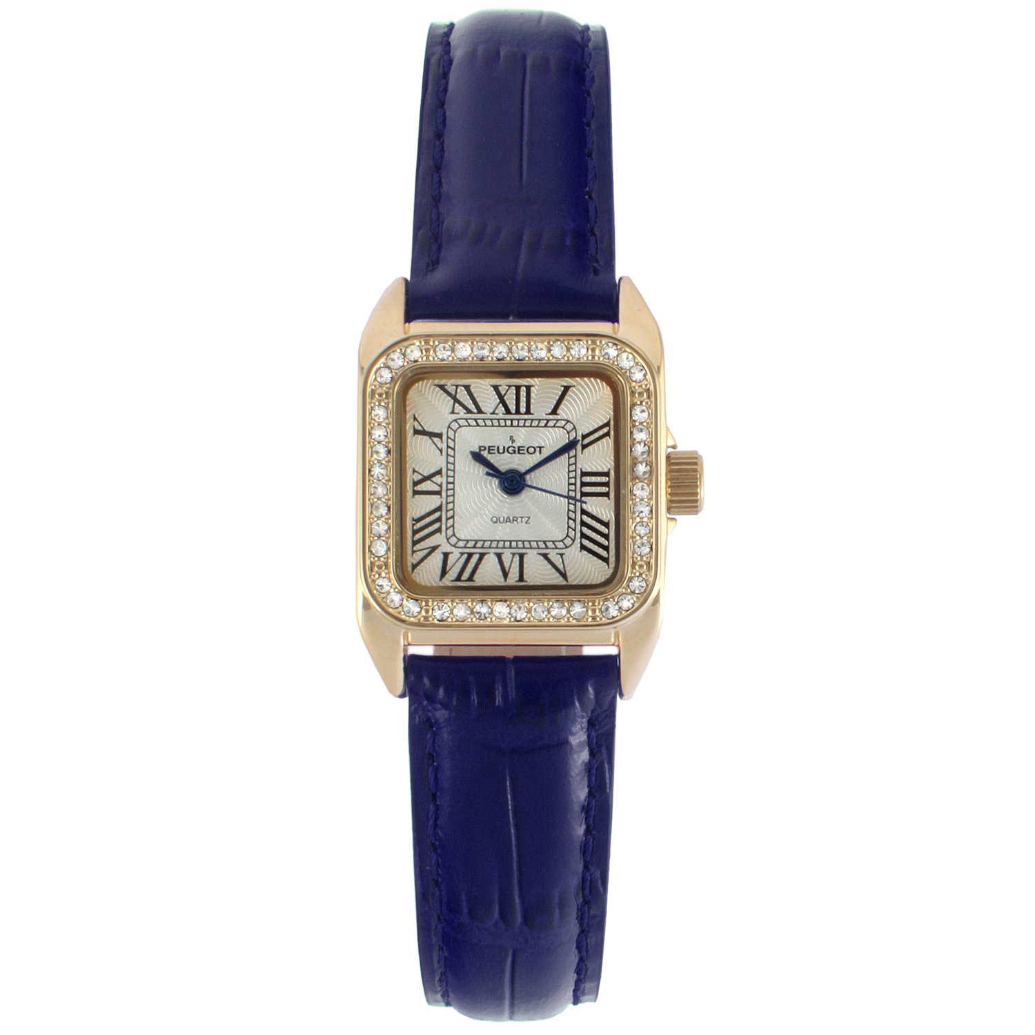 Peugeot Women's 14K Gold-Plated Tank Crystal Bezel Roman Numeral Blue Leather Band Watch 3052BL