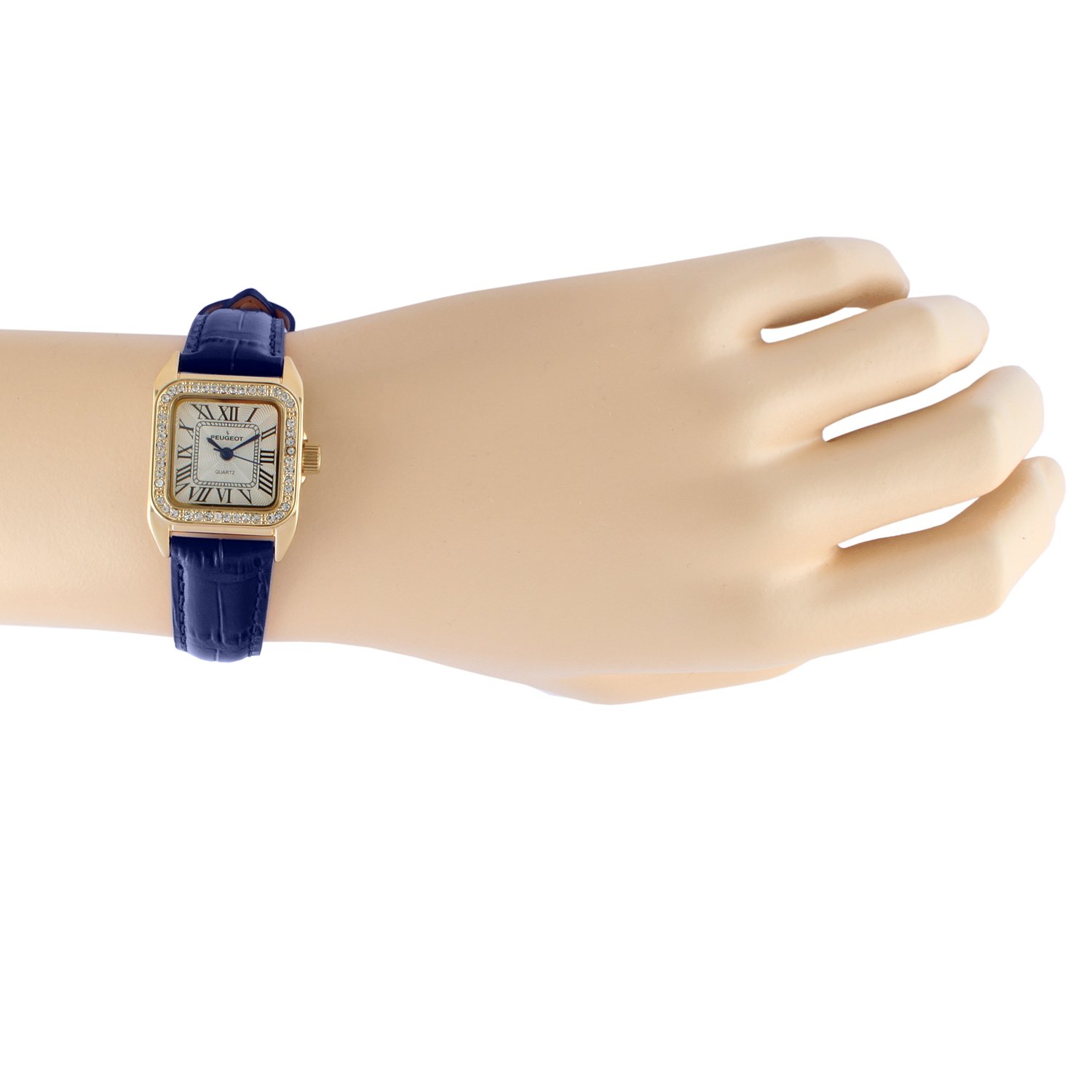 Peugeot Women's 14K Gold-Plated Tank Crystal Bezel Roman Numeral Blue Leather Band Watch 3052BL
