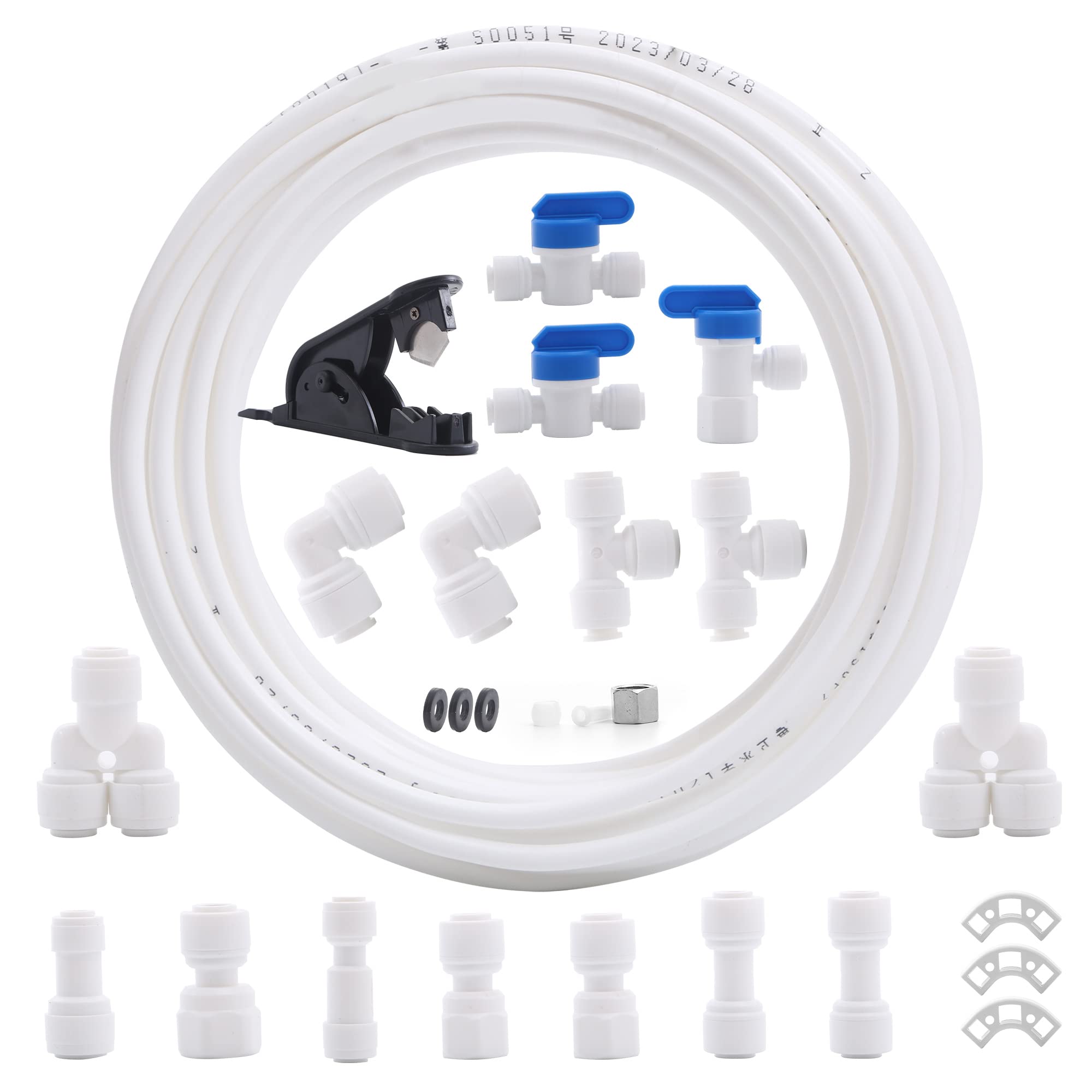 WBTEER Refrigerator Water Line Kit 1/4" Water O.D. Tubing 32ft, Connect Fittings for RO (Reverse Osmosis) (Ball Valve + L + Y + I + T Type + U-Shaped Wire Channel) - 21Pcs