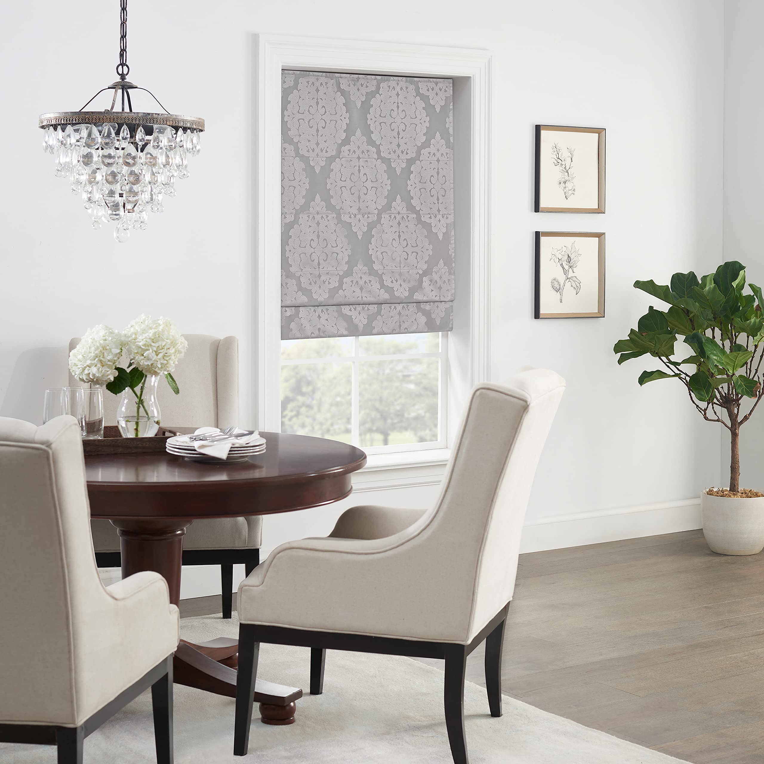 ECLIPSE Carlton Damask Blackout Cordless Lined Window Roman Shade for Living Room, 35 in x 64 in, Silver
