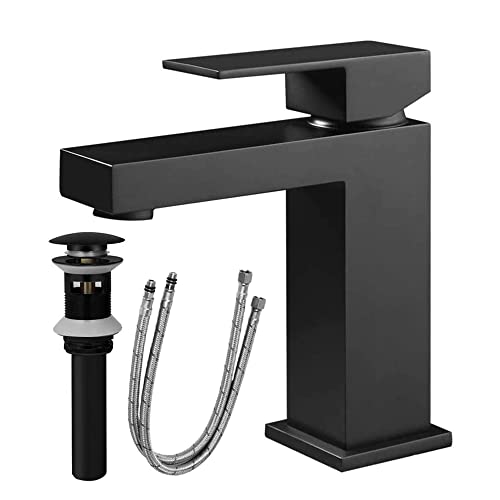AWARA Single Handle Bathroom Faucet, Matte Black Bathroom Sink Faucet Solid Brass Single Hole Modern Bathroom Faucet Vanity Faucet with Pop-up Drain & Overflow & Water Supply Hoses