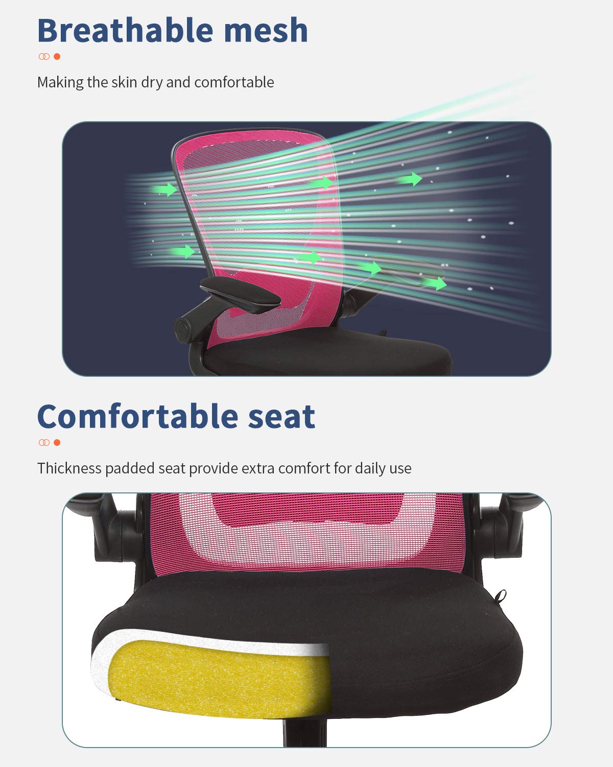 Home Office Chair Ergonomic Desk Chair Mesh Computer Chair with Lumbar Support Flip-up Arms Swivel Rolling Executive Task Chair Adjustable Chair for Adults(Pink)