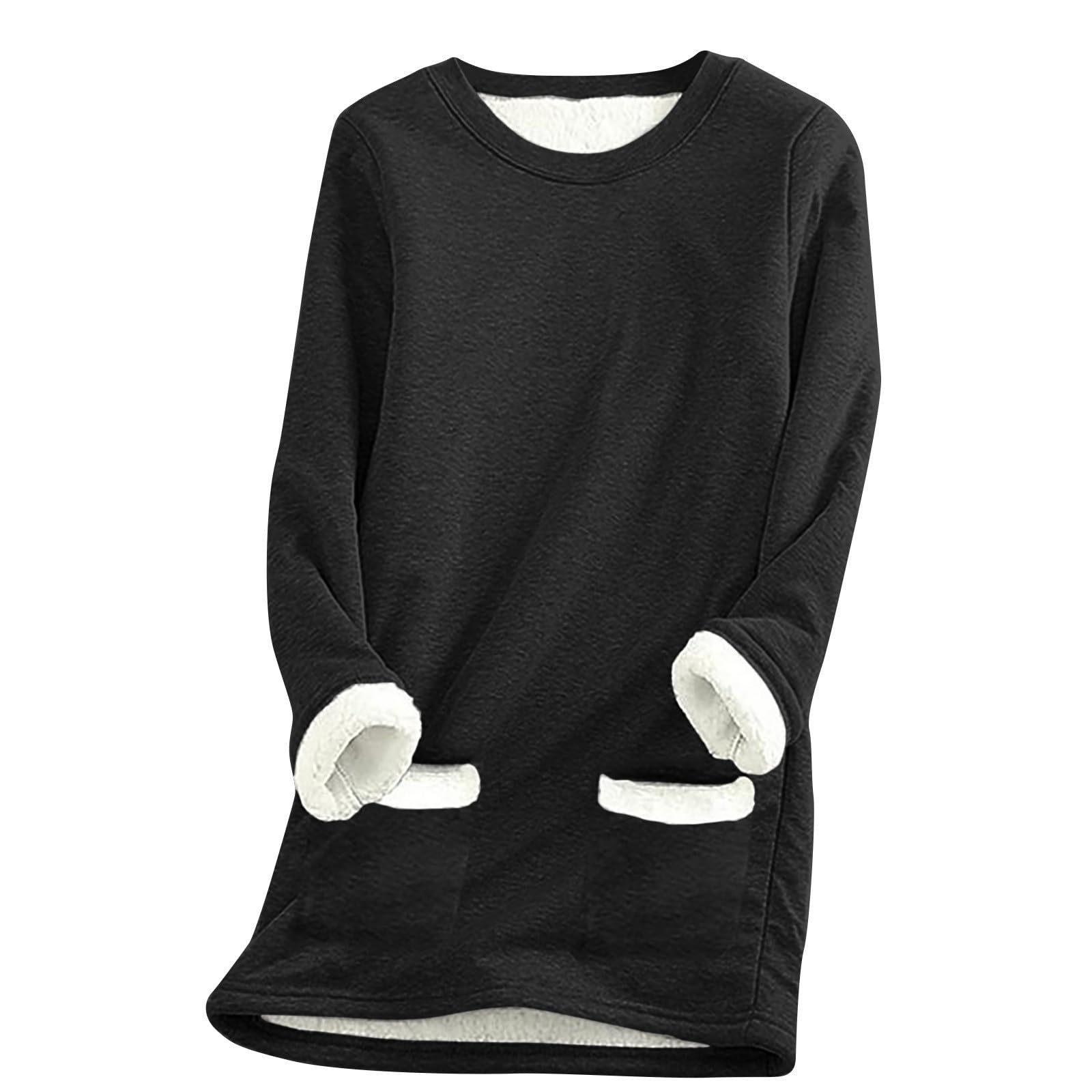oelaio Women Warm Sherpa Lined Fleece Crewneck Sport Sweatshirt Pullover Loungewear Casual Solid Black