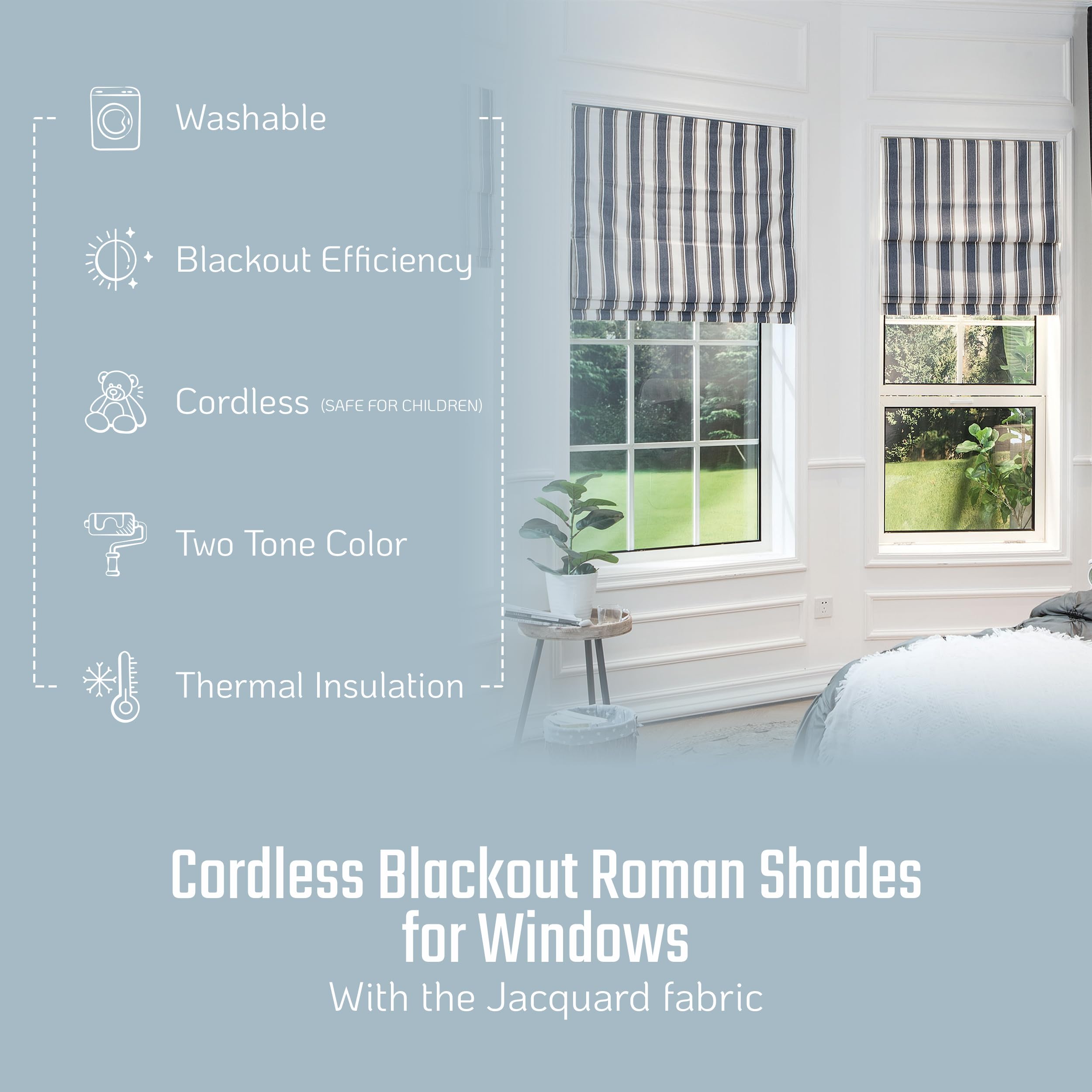 Everyday Celebration Roman Shades for Windows, 100% Blackout Shades, Cordless Pull Down Window Shades, Vertical Stripe Shades for Indoor Windows, Woven Fabric Blinds & Shades, 34" W X 64" H, (Blue)