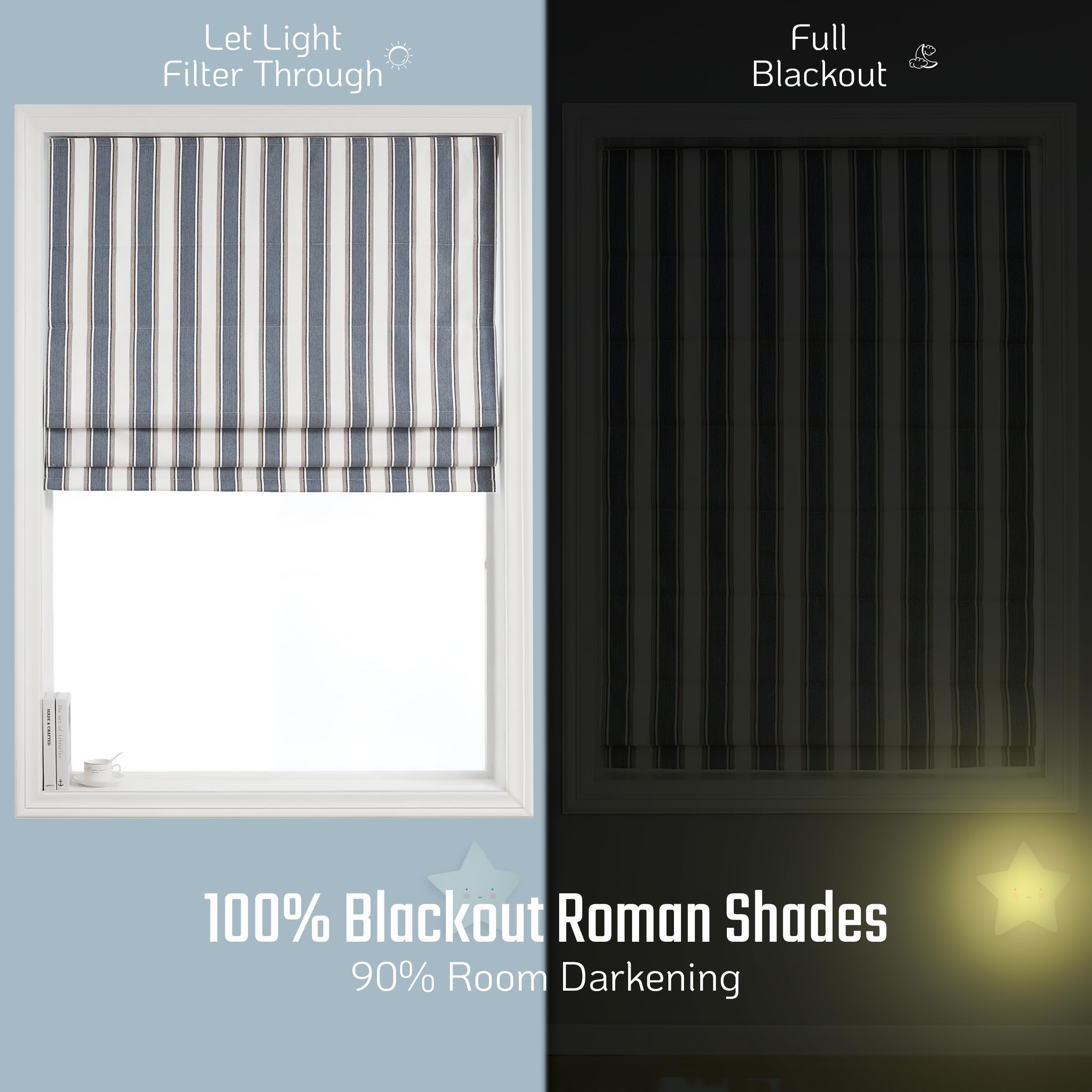 Everyday Celebration Roman Shades for Windows, 100% Blackout Shades, Cordless Pull Down Window Shades, Vertical Stripe Shades for Indoor Windows, Woven Fabric Blinds & Shades, 34" W X 64" H, (Blue)