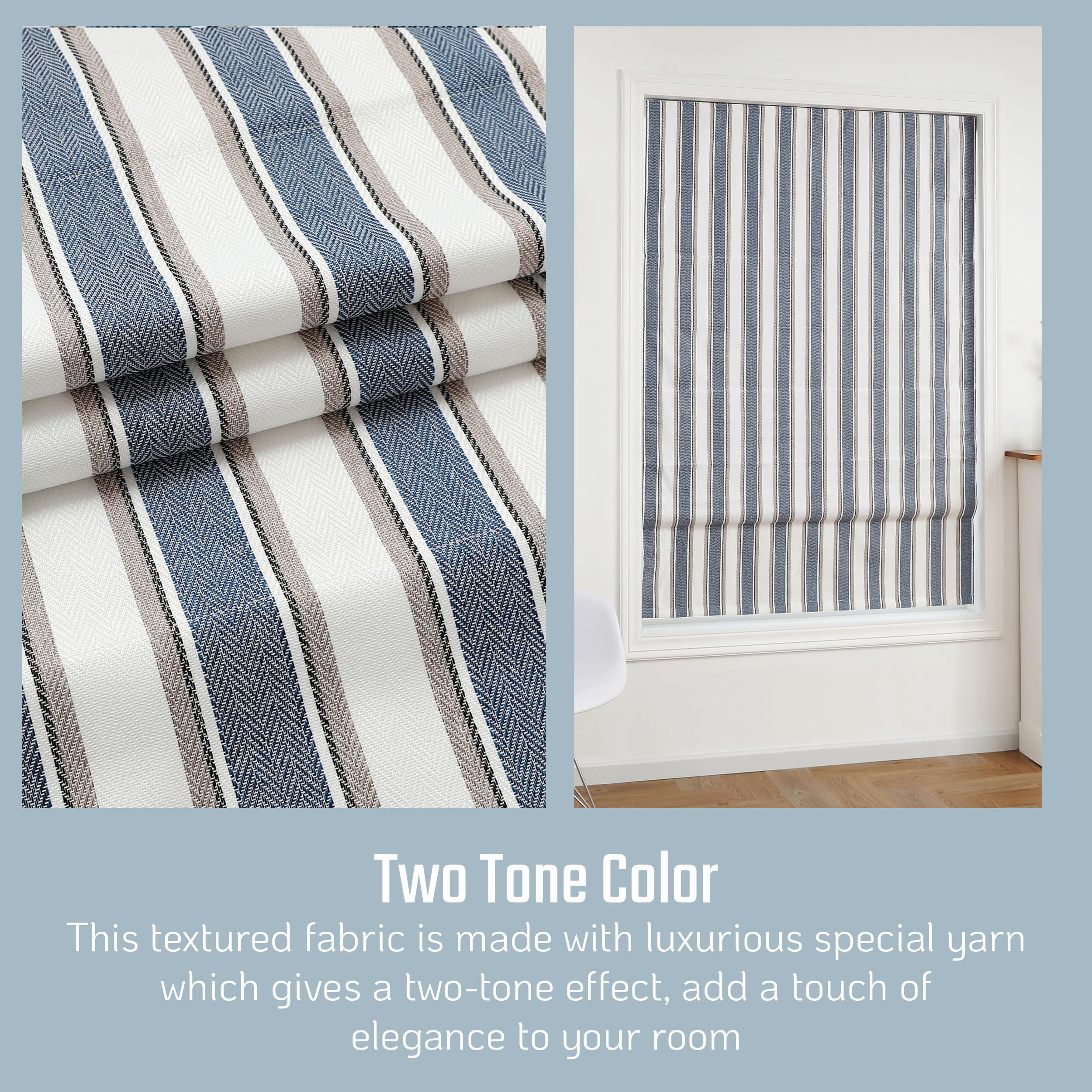 Everyday Celebration Roman Shades for Windows, 100% Blackout Shades, Cordless Pull Down Window Shades, Vertical Stripe Shades for Indoor Windows, Woven Fabric Blinds & Shades, 34" W X 64" H, (Blue)