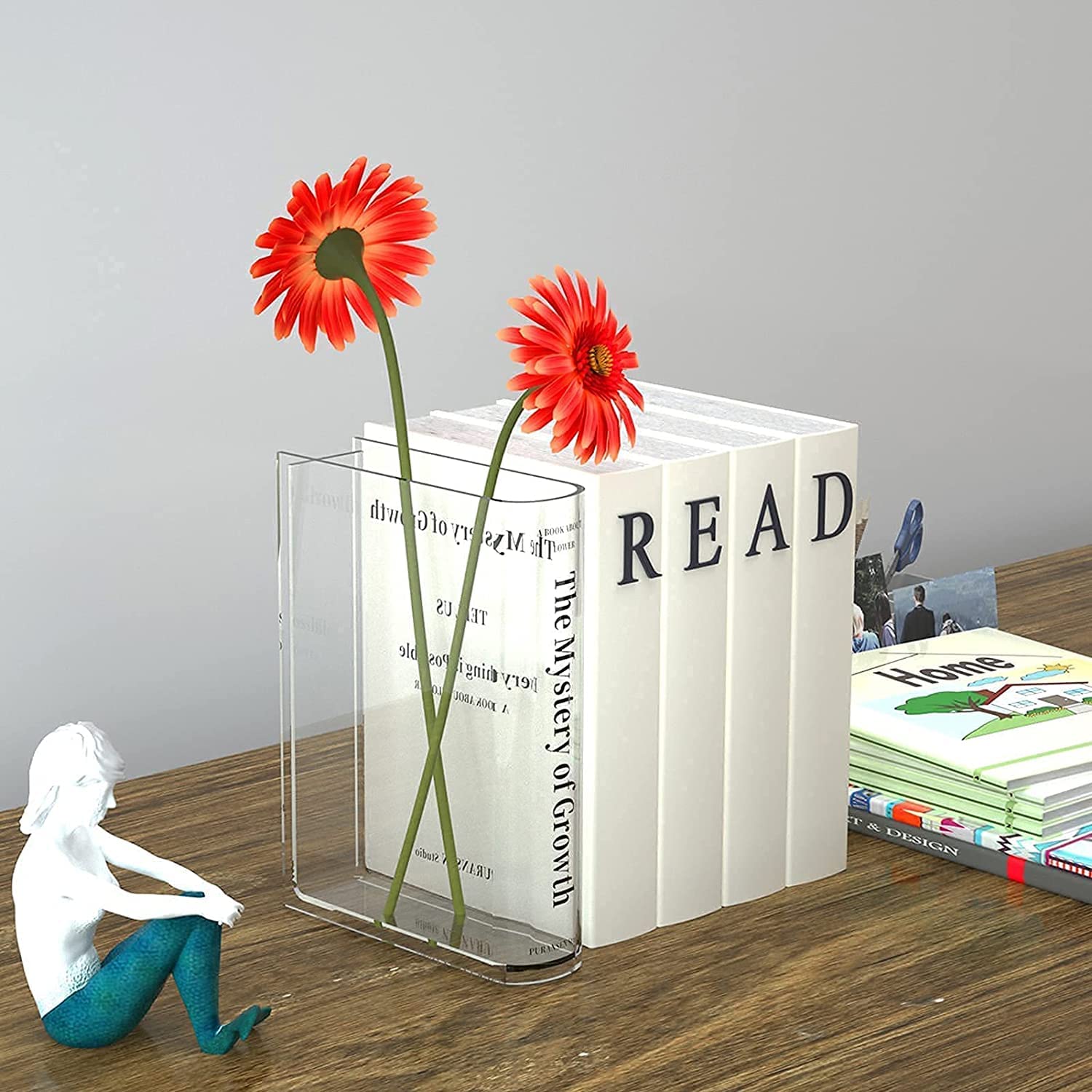 Puransen Bookend Vase for Flowers, Cute Home Office Decor; Unique Vase for Book Lovers, Artistic and Cultural Flavor Acrylic Clear Vases (Not Including Flowers)