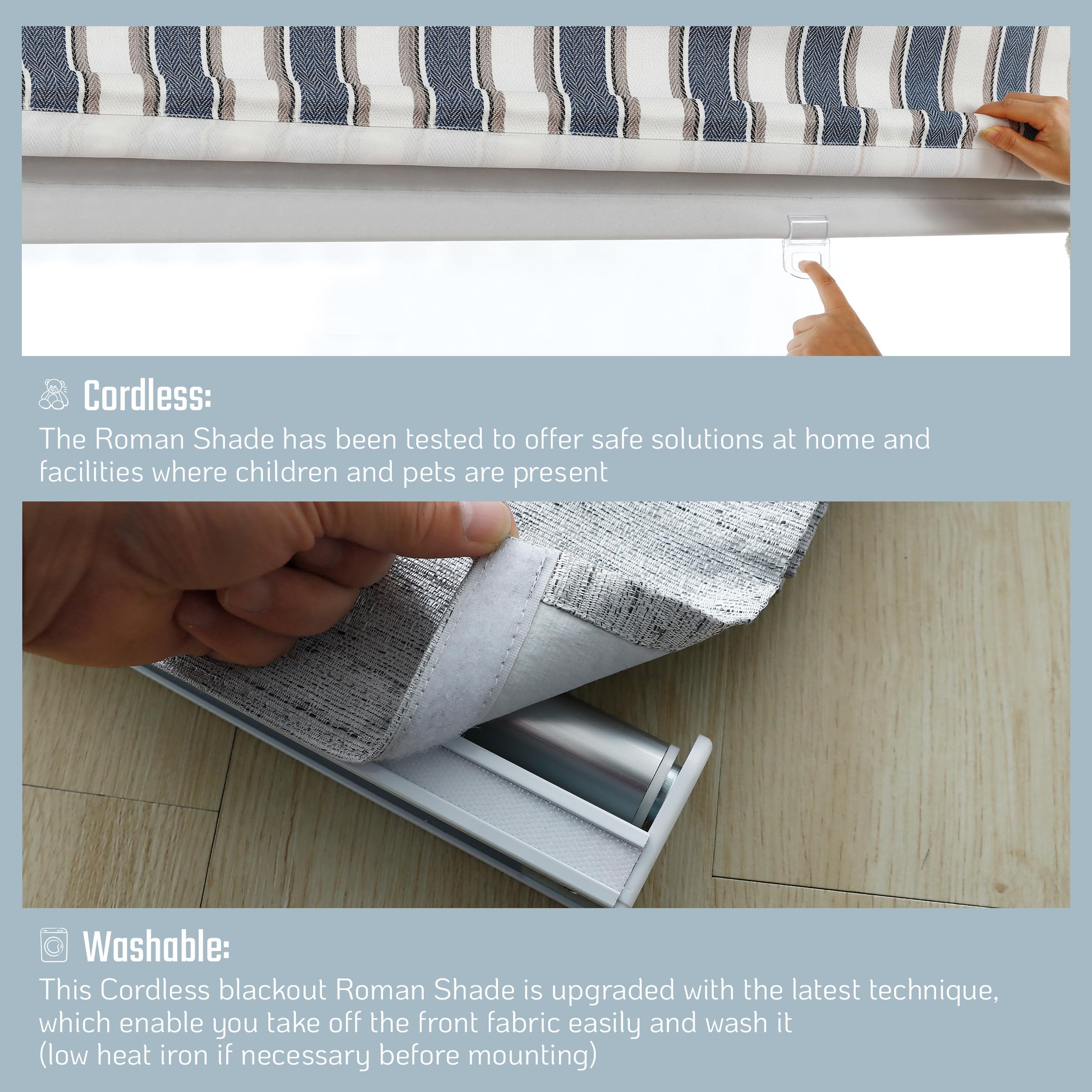 Everyday Celebration Roman Shades for Windows, 100% Blackout Shades, Cordless Pull Down Window Shades, Vertical Stripe Shades for Indoor Windows, Woven Fabric Blinds & Shades, 34" W X 64" H, (Blue)