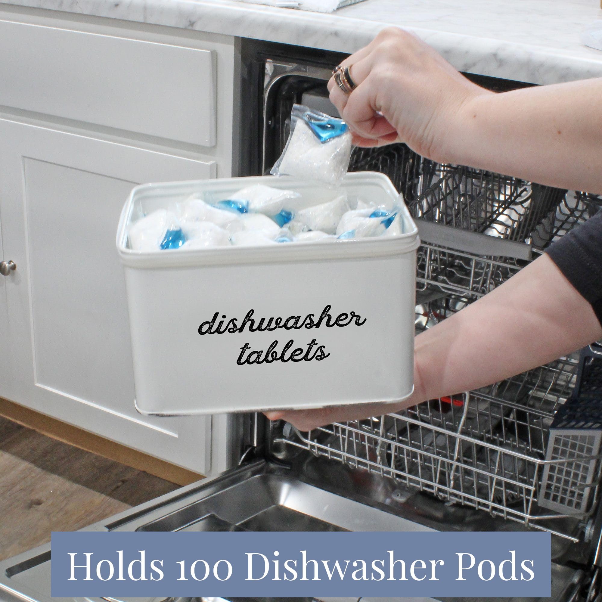 AuldHome Dishwasher Pod Holder, Tablet Container; White Enamelware Rustic Kitchen Storage Tin with Lid