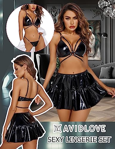 Avidlove Cosplay Lingerie for Women 3 pack Leather Lingerie Set Latex Role Playing Costume Outfits Black