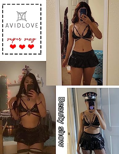 Avidlove Cosplay Lingerie for Women 3 pack Leather Lingerie Set Latex Role Playing Costume Outfits Black