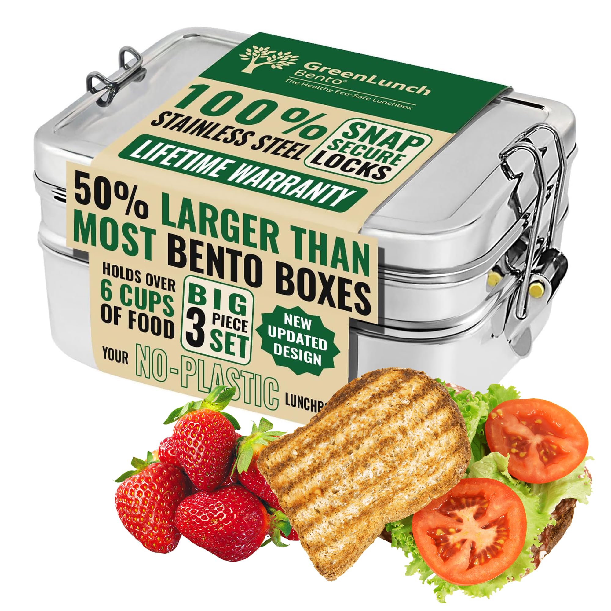 3-in-1 Stainless Steel Bento Box For Kids & Adults with Snack Pod - Holds 6 Cups of Food, 100% Crack-Resistant, Secure Locks, Eco-friendly Metal Lunch Container