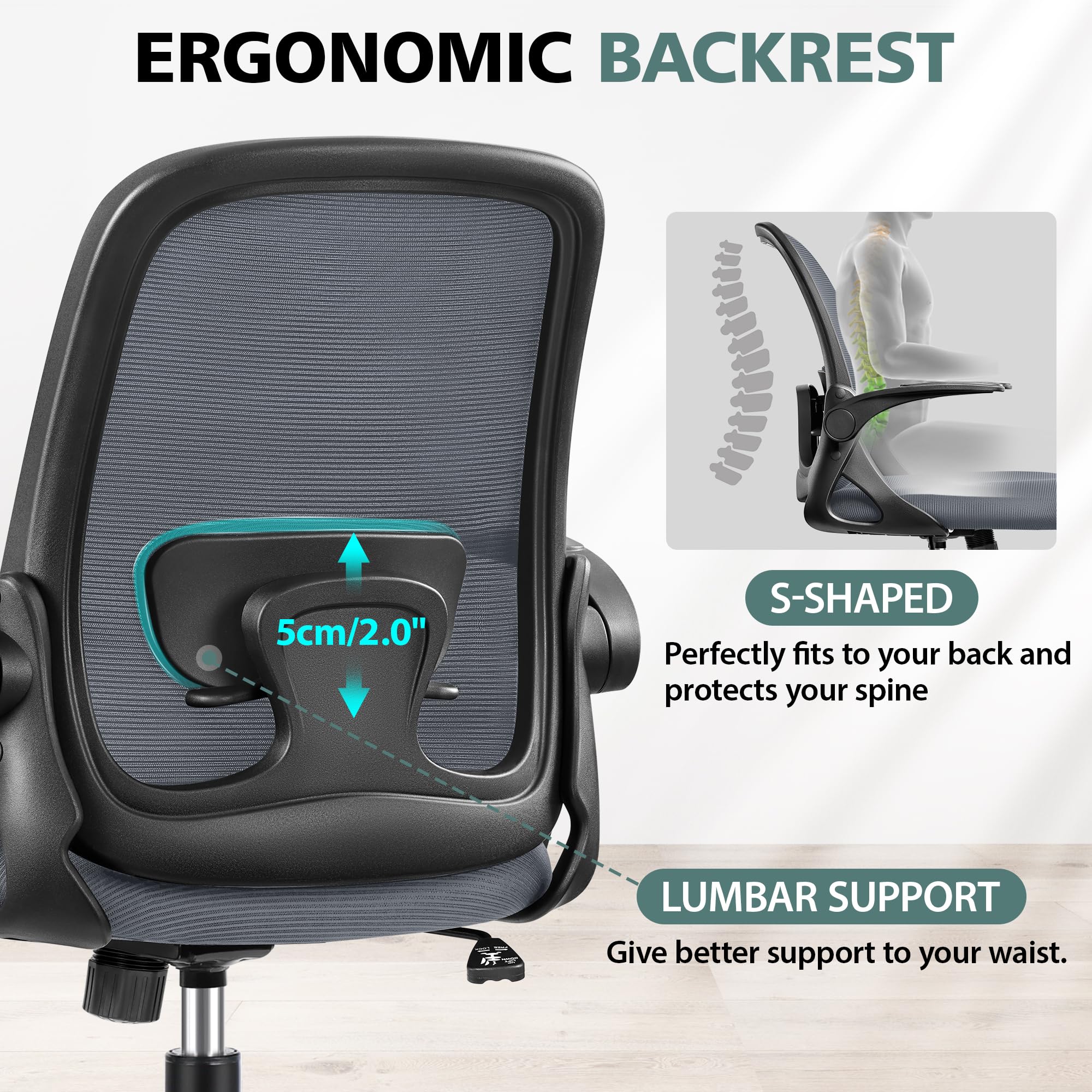 Winrise Office Chair Ergonomic Desk Chairs with Lumbar Support and Flip-up Arms, Comfortable Breathable Mesh Computer Executive Chair with Swivel Task, Adjustable Height 4'', Home, Bedroom - Dark Gray