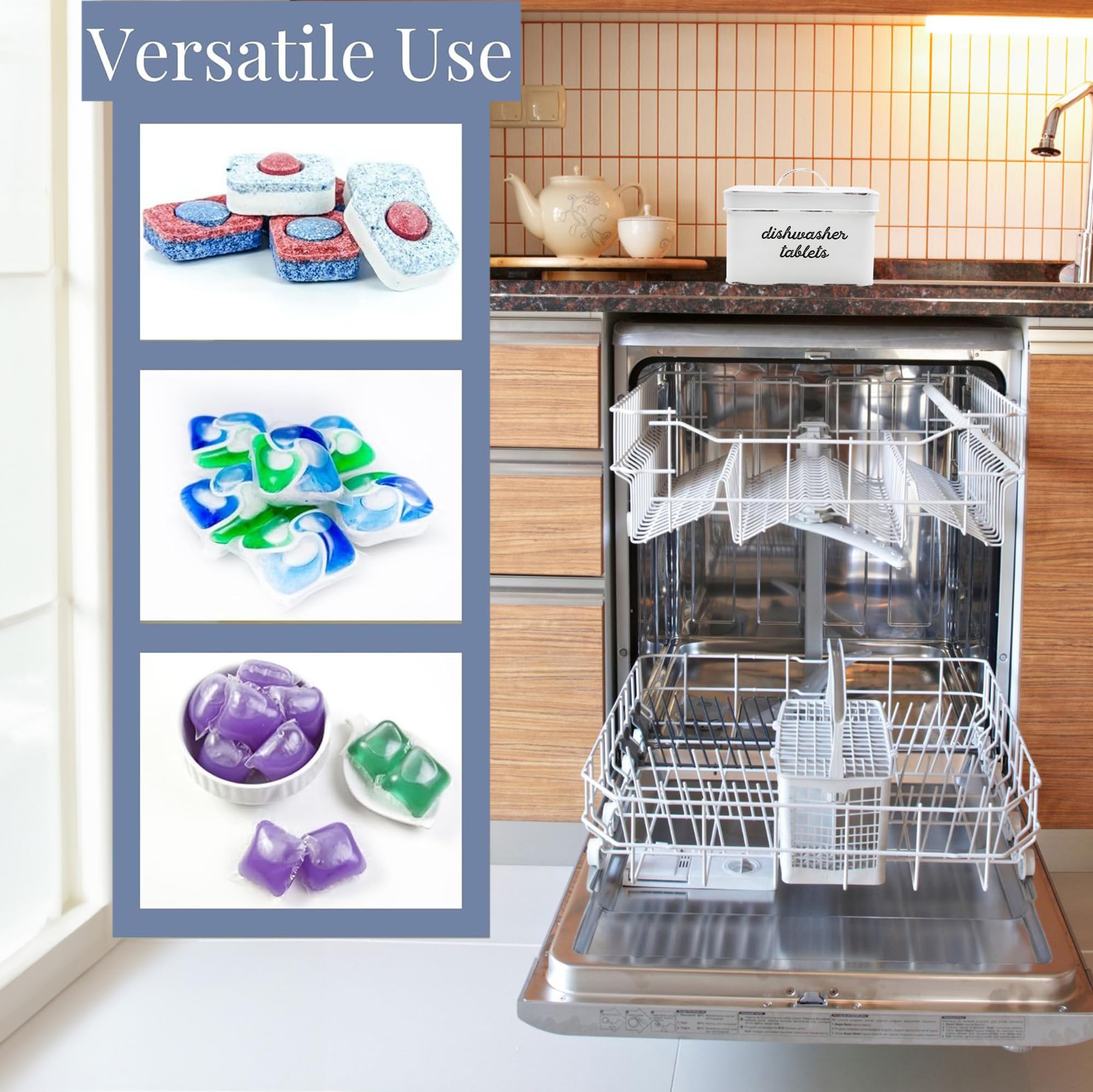 AuldHome Dishwasher Pod Holder, Tablet Container; White Enamelware Rustic Kitchen Storage Tin with Lid