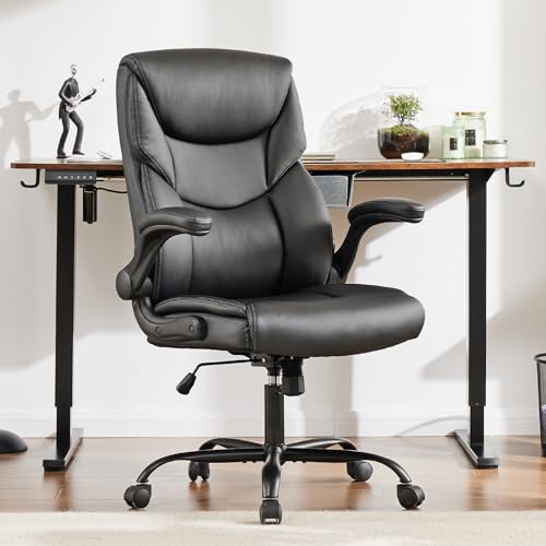 OLIXIS Ergonomic Home Office Desk Chair - Executive Big Tall High Back with Comfy Lumbar Support & Flip Up Armrest, PU Leather Computer Gaming Task Chairs with Swivel Wheels, Height Adjustable, Black