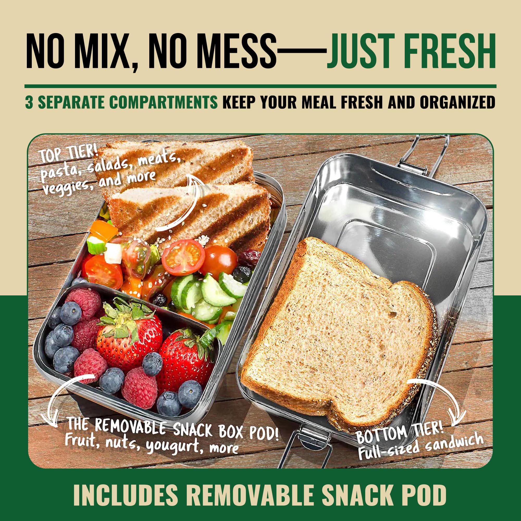 3-in-1 Stainless Steel Bento Box For Kids & Adults with Snack Pod - Holds 6 Cups of Food, 100% Crack-Resistant, Secure Locks, Eco-friendly Metal Lunch Container