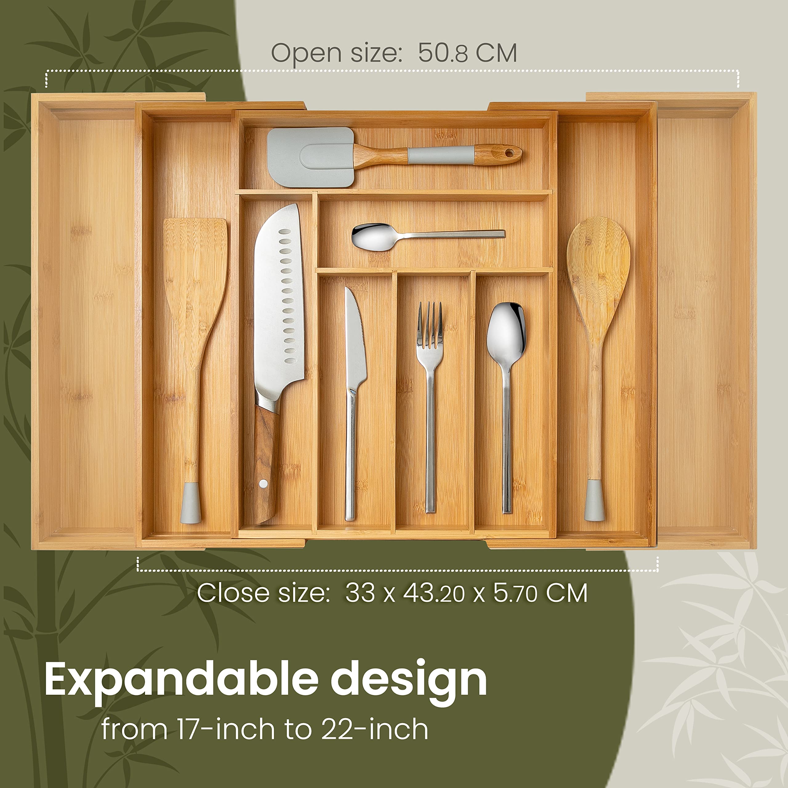 Bomba Bamboo Drawer Organizer – Premium Expandable Drawer Organizer for Cutlery and Kitchen Utensils – Natural Bamboo Wood Flatware and Cutlery Organizer – 8-Grid Silverware Tray for Drawer