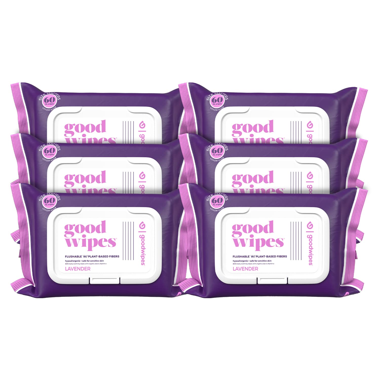 Goodwipes Flushable Butt Wipes Made with Vitamin E & Aloe - Soft & Gentle Wet Wipe Dispenser for Home Use, Septic & Sewer Safe - Largest Adult Toilet Towelettes - Lavender, 360 Count (6 Packs)