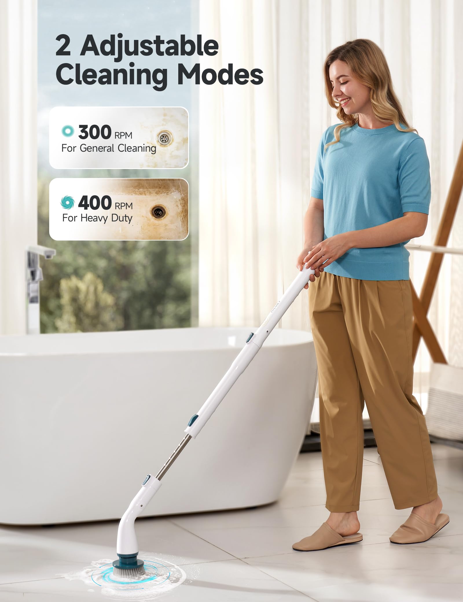 HiCOZY Electric Spin Scrubber HS1, Cordless Shower Scrubber for Cleaning with 4 Replaceable Brush Heads Adjustable Extension Handle, IPX7 Waterproof Cleaning Brush for Bathroom Floor Dark Green