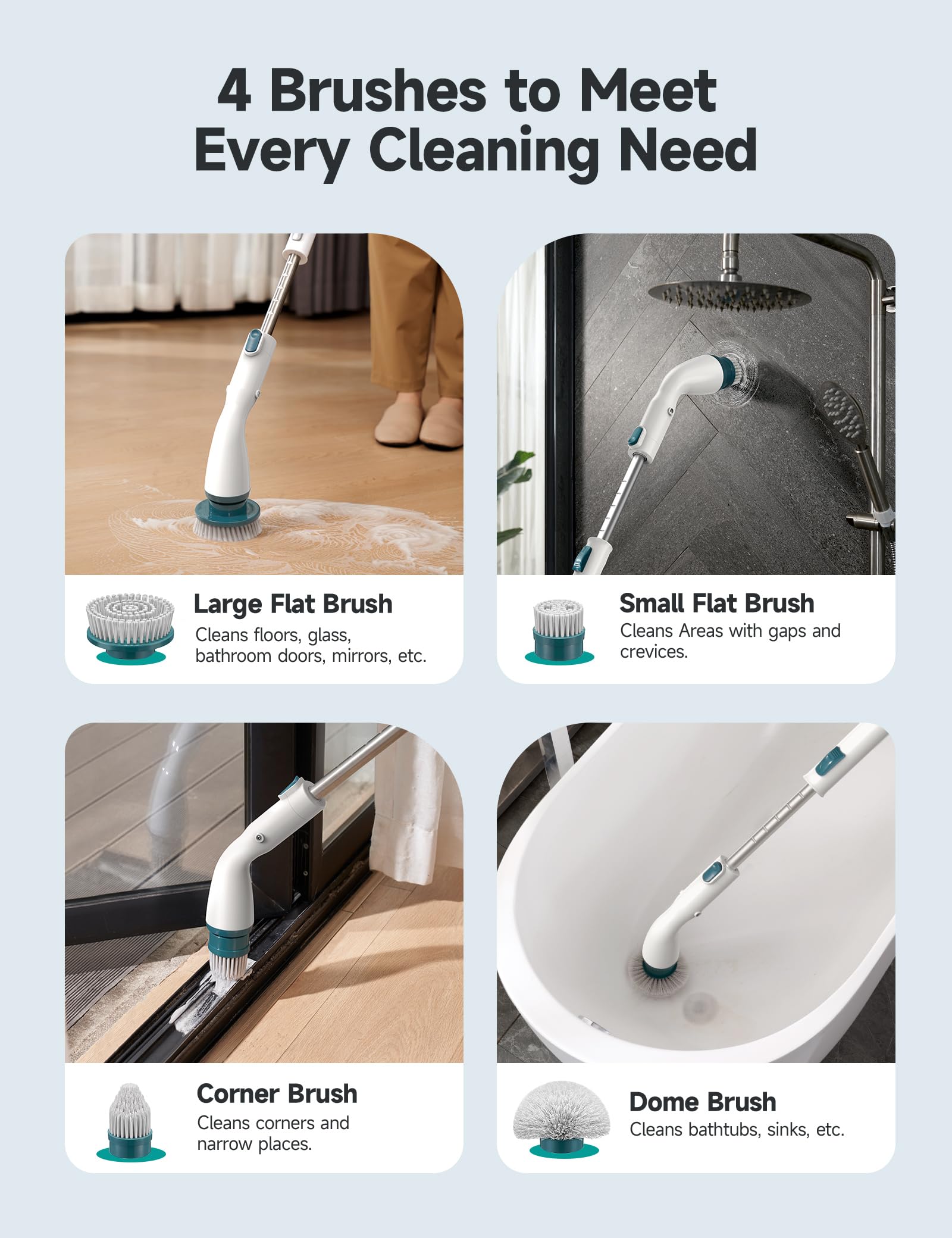 HiCOZY Electric Spin Scrubber HS1, Cordless Shower Scrubber for Cleaning with 4 Replaceable Brush Heads Adjustable Extension Handle, IPX7 Waterproof Cleaning Brush for Bathroom Floor Dark Green