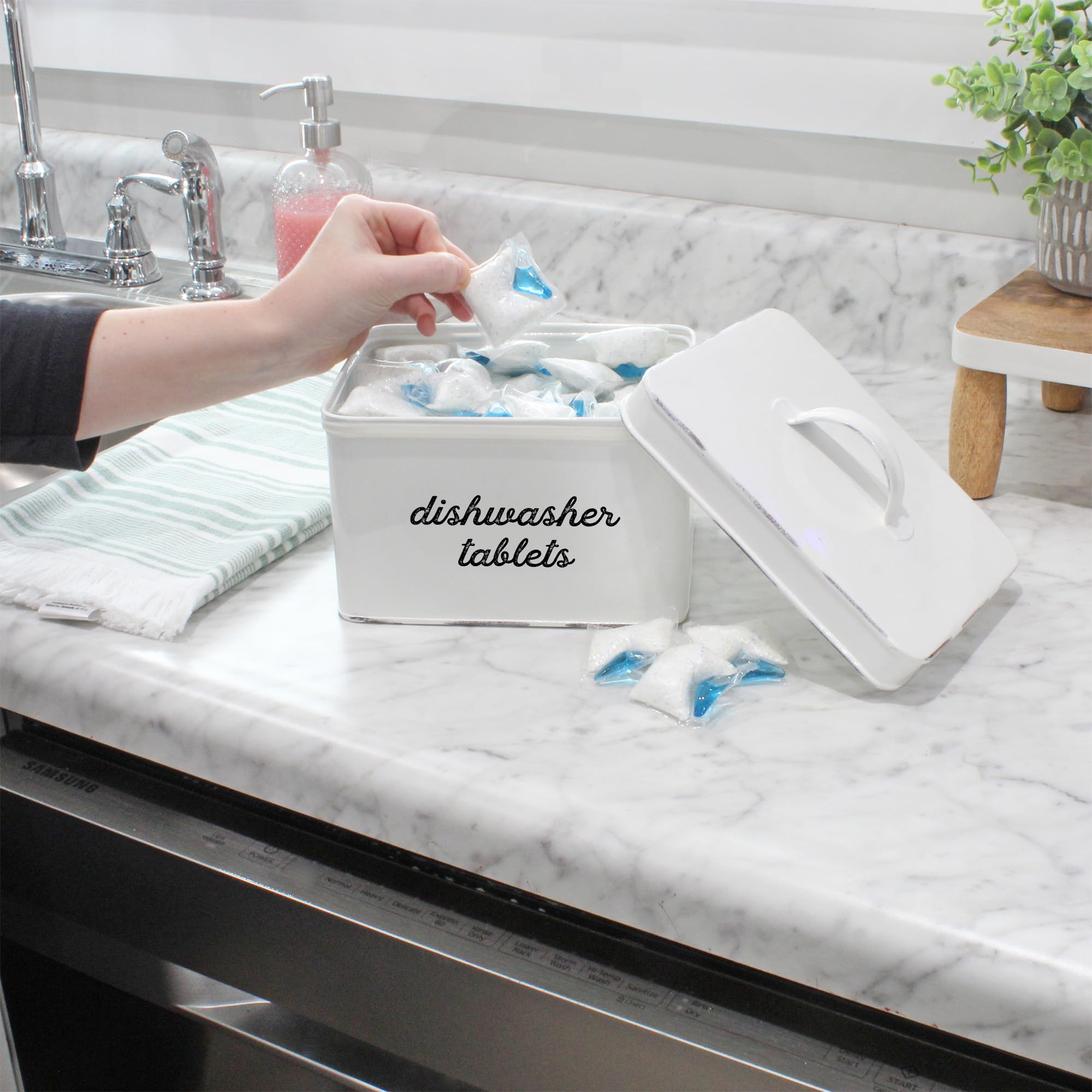 AuldHome Dishwasher Pod Holder, Tablet Container; White Enamelware Rustic Kitchen Storage Tin with Lid