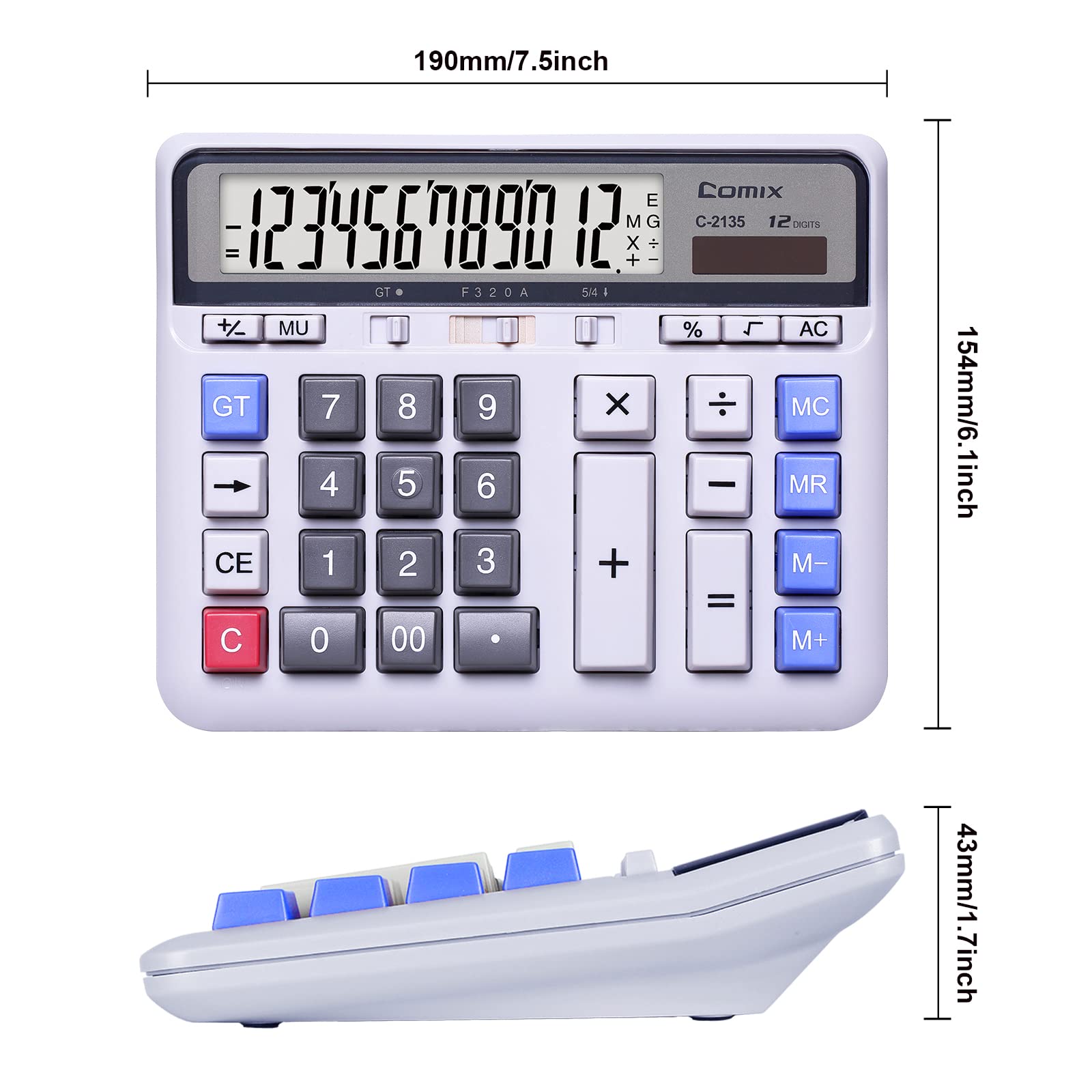 Comix Desktop Calculator Solar Battery Dual Power with 12-Digit Large LCD Display and Large Computer Keys Office Calculator for Home Office School