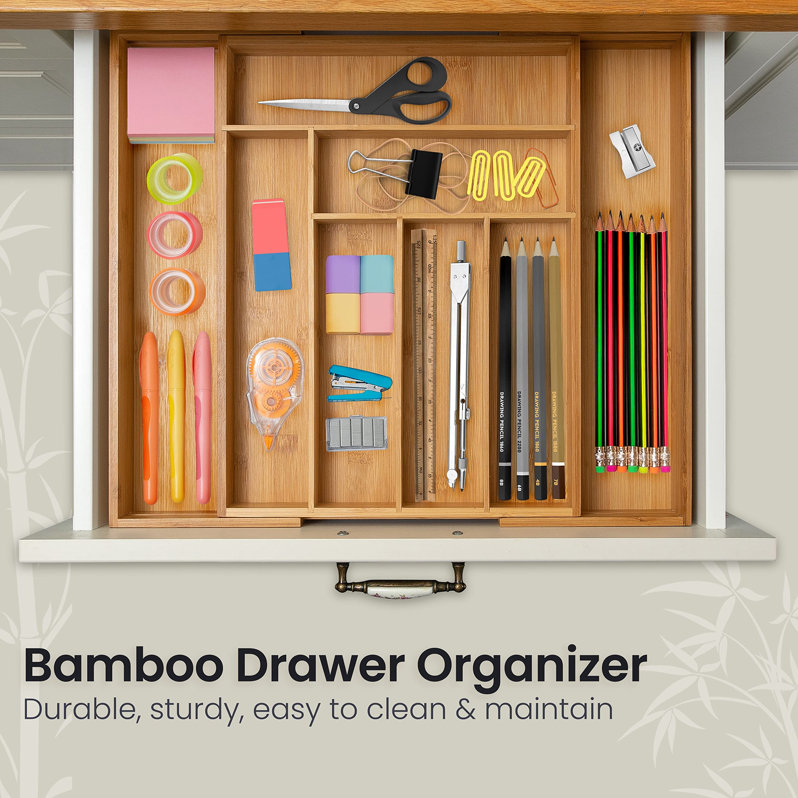 Bomba Bamboo Drawer Organizer – Premium Expandable Drawer Organizer for Cutlery and Kitchen Utensils – Natural Bamboo Wood Flatware and Cutlery Organizer – 8-Grid Silverware Tray for Drawer