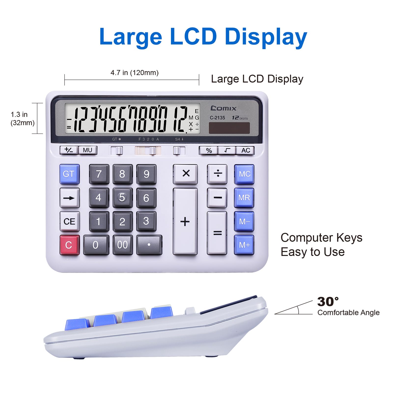 Comix Desktop Calculator Solar Battery Dual Power with 12-Digit Large LCD Display and Large Computer Keys Office Calculator for Home Office School