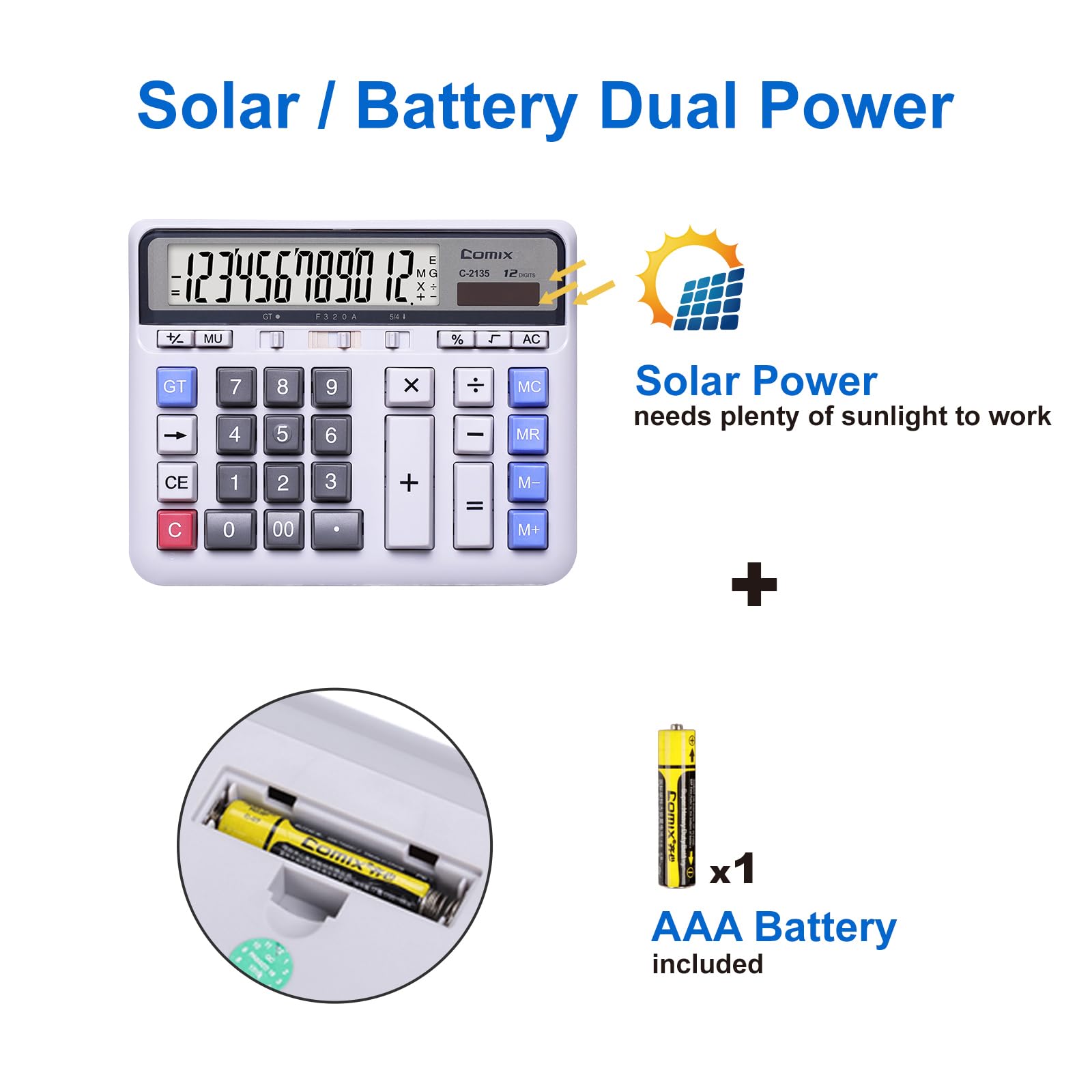 Comix Desktop Calculator Solar Battery Dual Power with 12-Digit Large LCD Display and Large Computer Keys Office Calculator for Home Office School