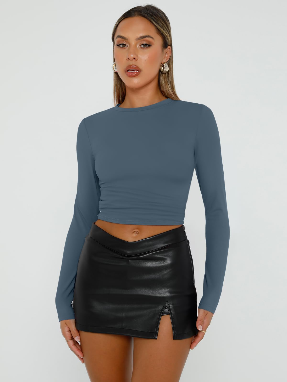 Trendy Queen Womens Long Sleeve Shirts Basic Crop Tops Tight Slim Fit Cute Teen Girls Fall Winter Y2k Clothes Haze Blue M