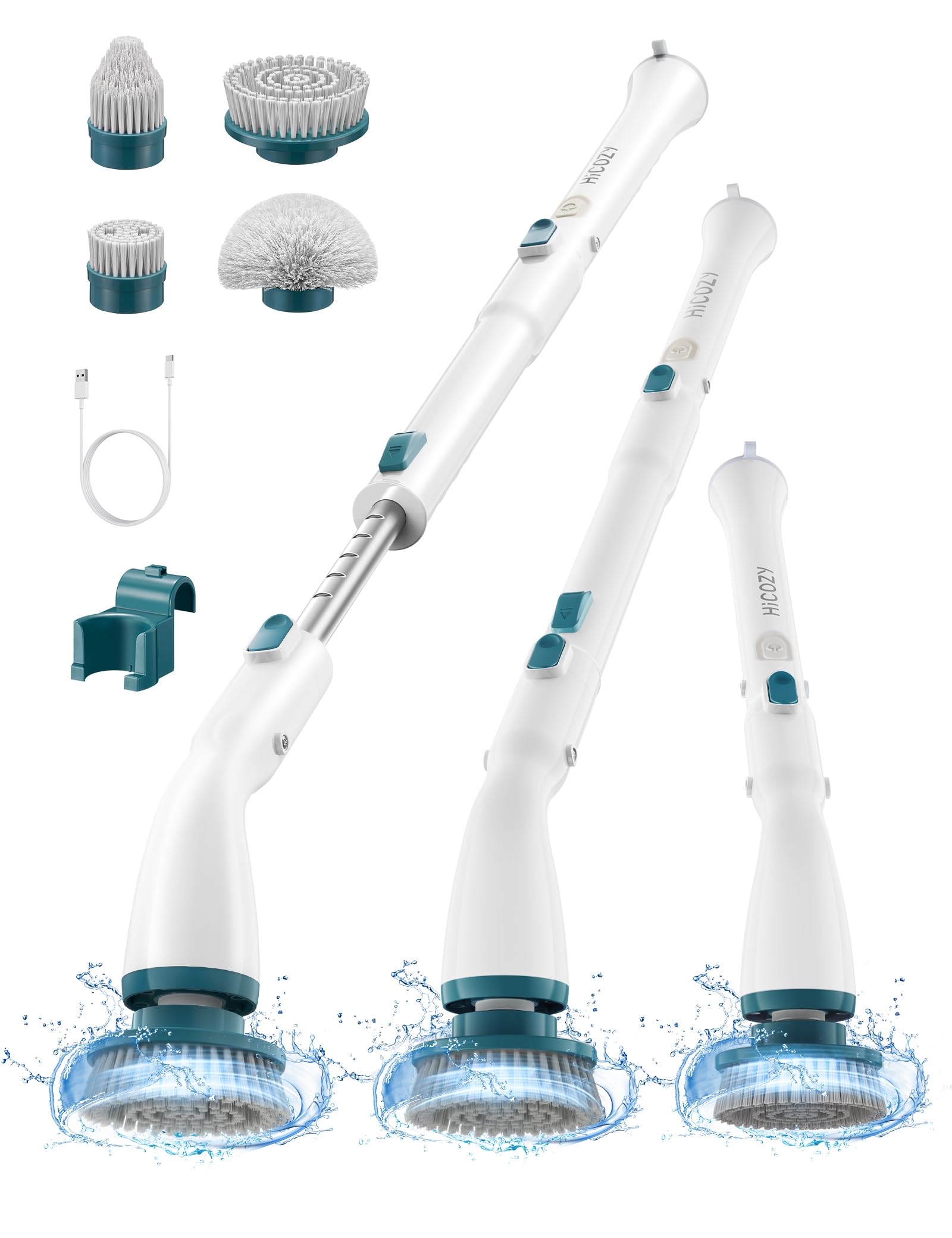 HiCOZY Electric Spin Scrubber HS1, Cordless Shower Scrubber for Cleaning with 4 Replaceable Brush Heads Adjustable Extension Handle, IPX7 Waterproof Cleaning Brush for Bathroom Floor Dark Green