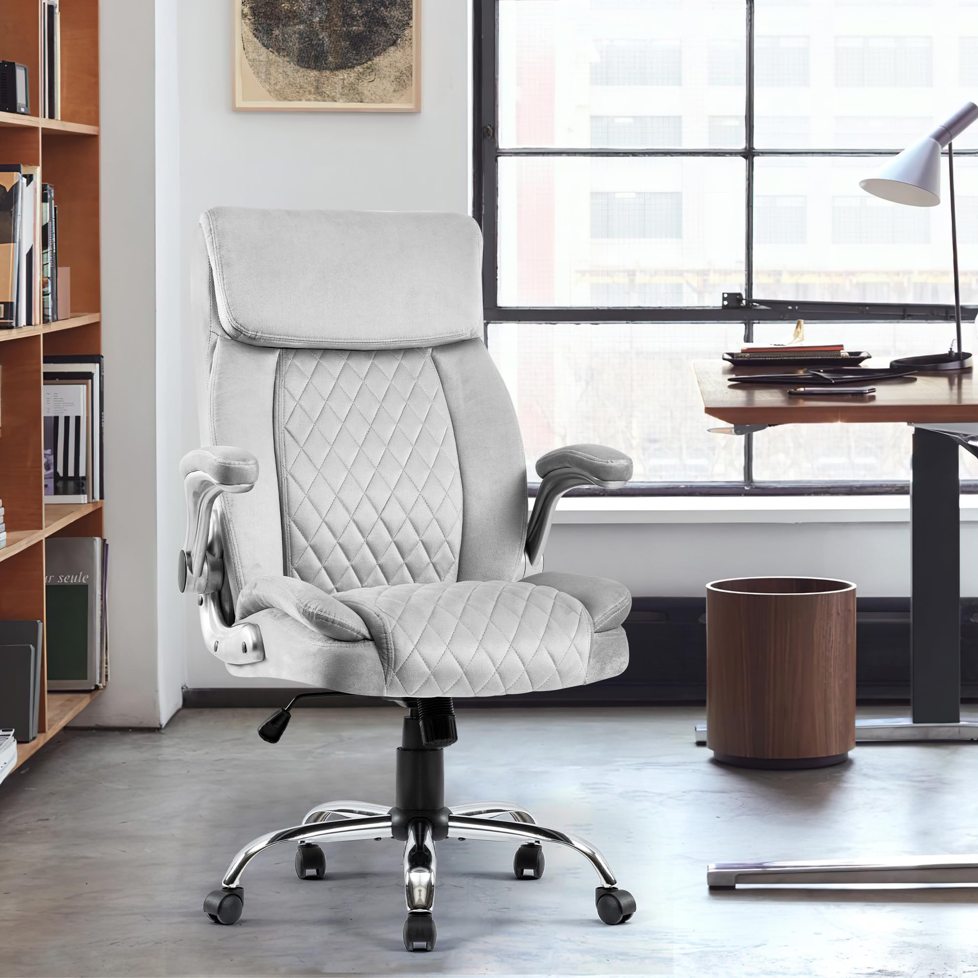 HOMYEDAMIC Velvet Ergonomic Office Chair, Adjustable Arms Wide Managerial Executive Home Desk Computer Chair Big and Tall with High Back Lumbar Support Wheels Comfortable(7013-Grey1)