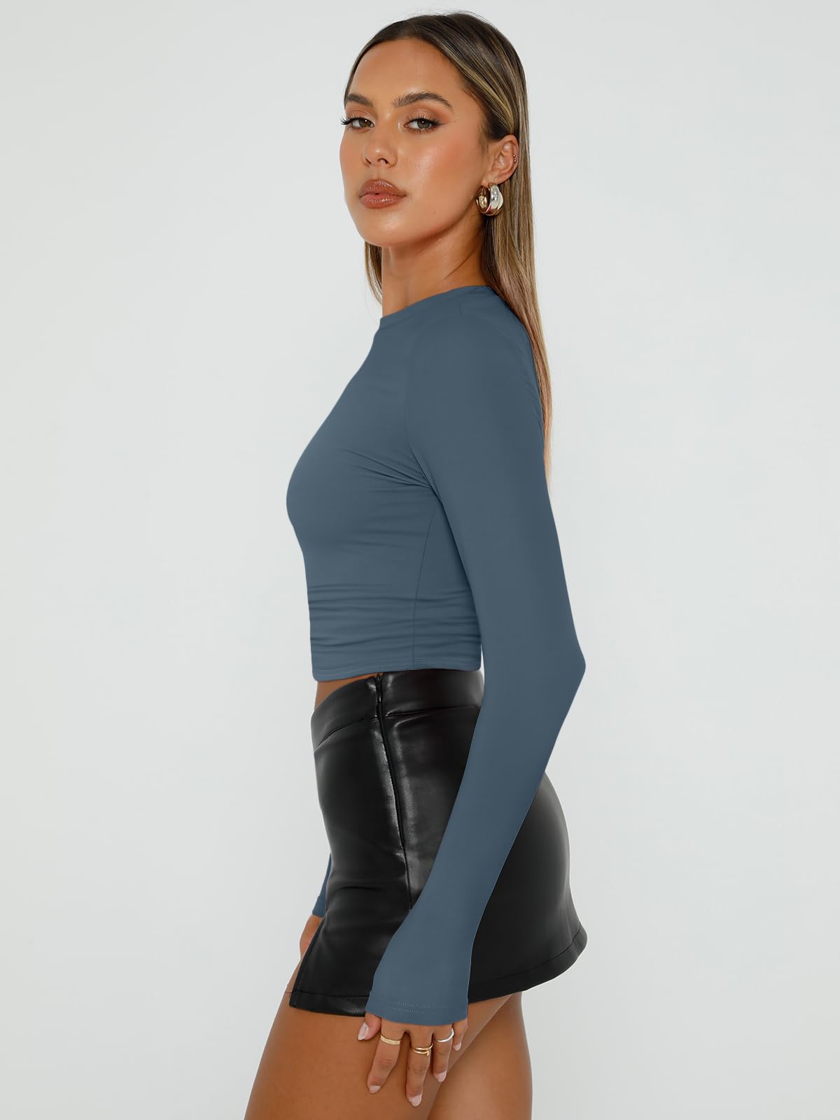 Trendy Queen Womens Long Sleeve Shirts Basic Crop Tops Tight Slim Fit Cute Teen Girls Fall Winter Y2k Clothes Haze Blue M