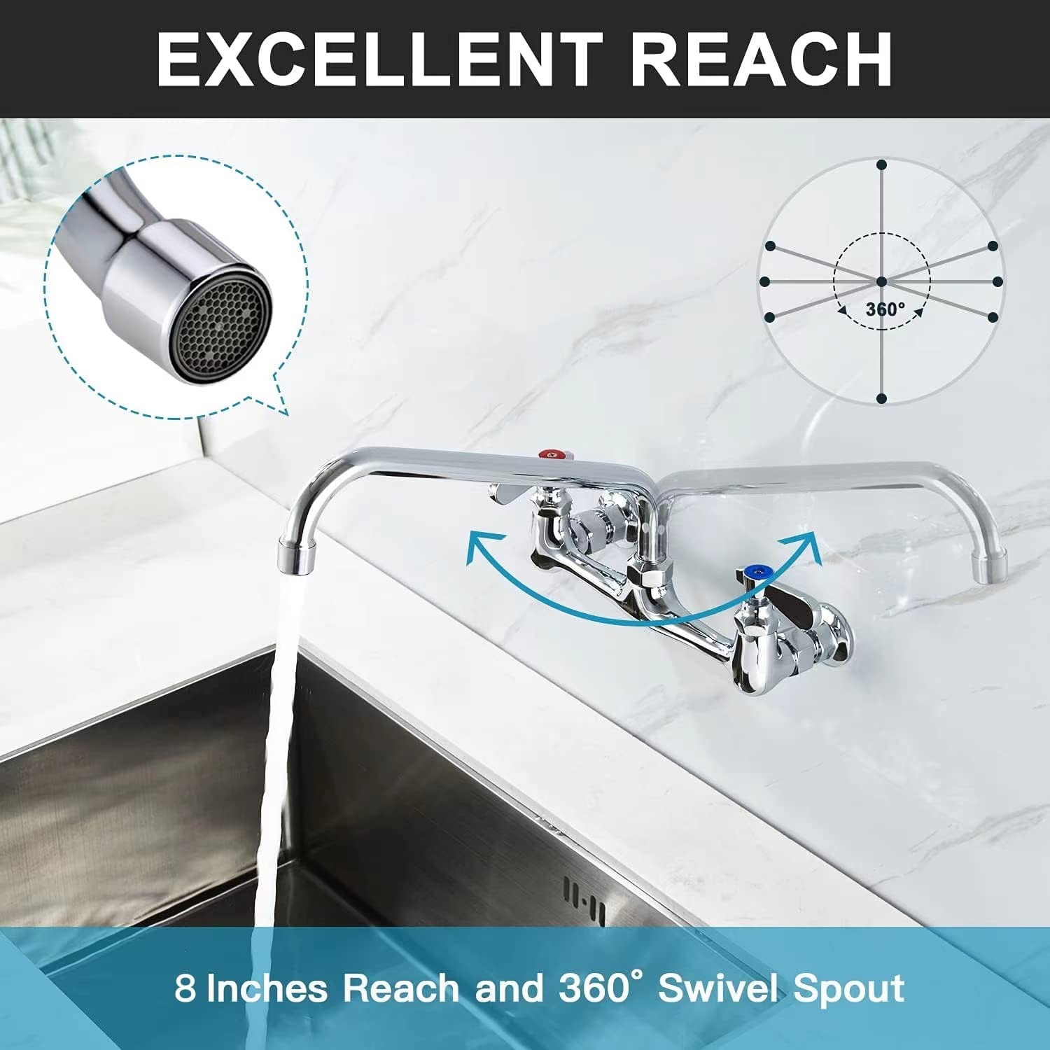 Favorpo 8 Inches Commercial Kitchen Wall Mount Faucet, 8 Inches Center Wall-Mount Utility Sink Faucets, 2 Handle Wall Mounted Faucets for Kitchen Laundry Room Restaurant