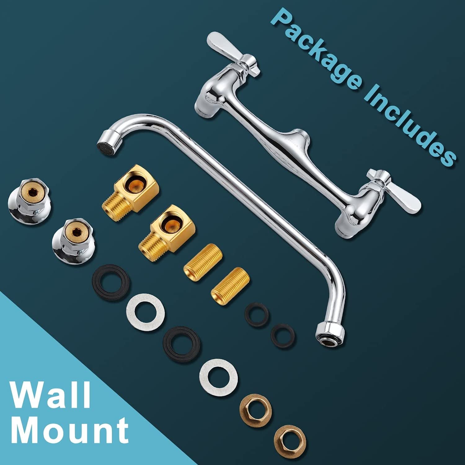 Favorpo 8 Inches Commercial Kitchen Wall Mount Faucet, 8 Inches Center Wall-Mount Utility Sink Faucets, 2 Handle Wall Mounted Faucets for Kitchen Laundry Room Restaurant