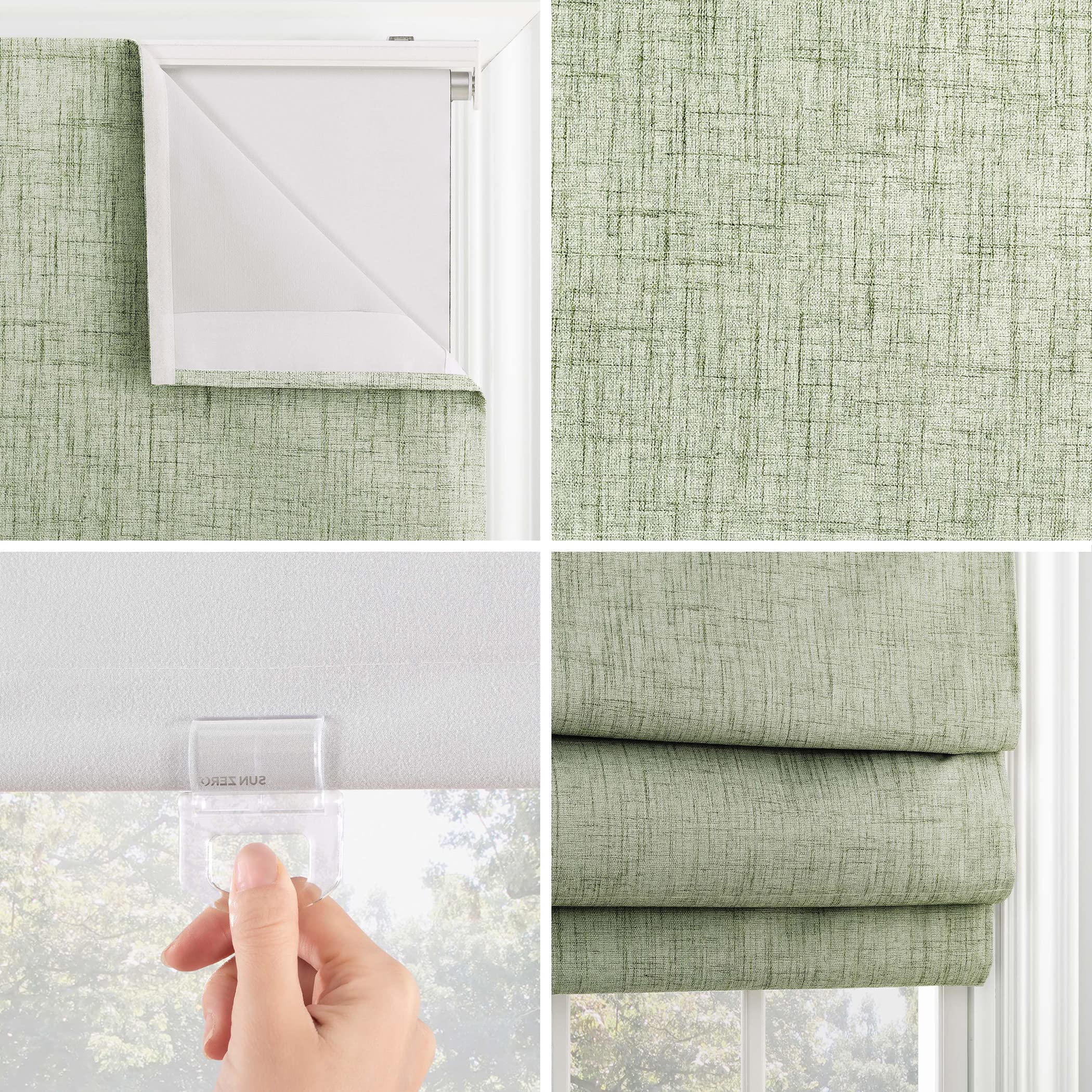 Sun Zero Seraphina Textured Total Blackout Cordless Roman Shade, 27" x 64", Sage Green