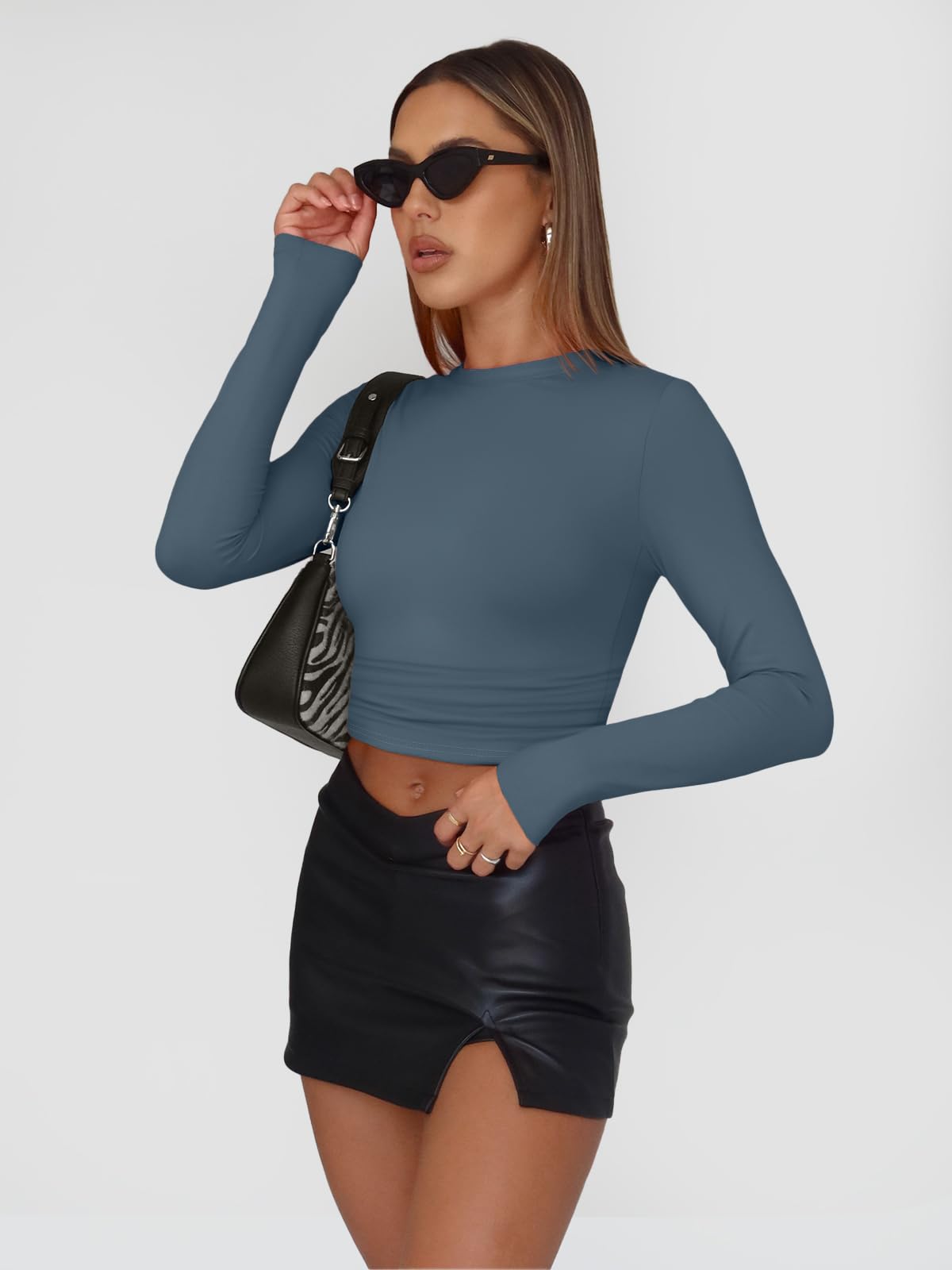 Trendy Queen Womens Long Sleeve Shirts Basic Crop Tops Tight Slim Fit Cute Teen Girls Fall Winter Y2k Clothes Haze Blue M