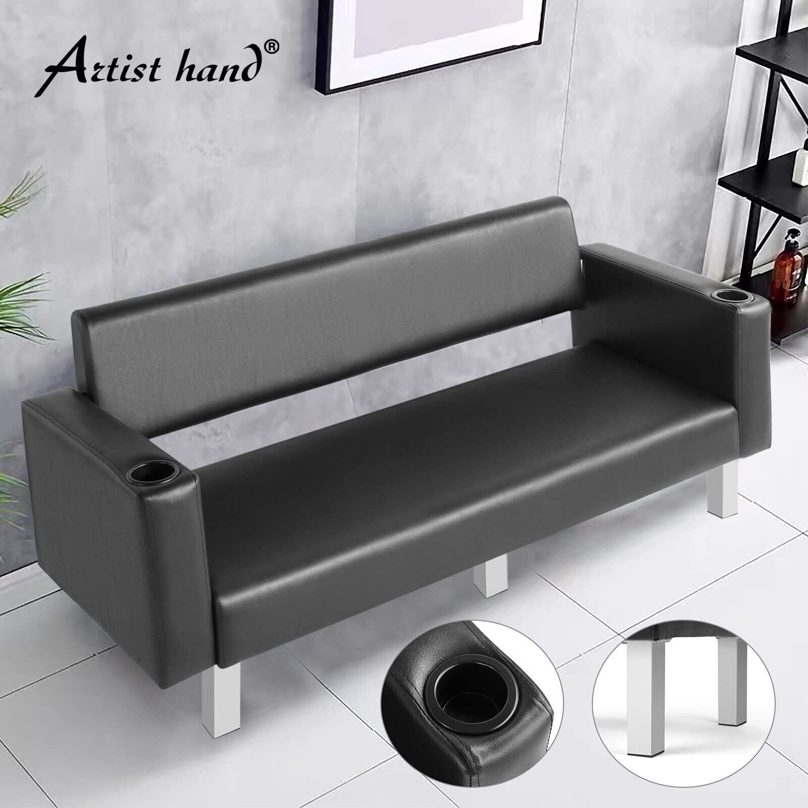Artist hand Office Reception Chairs Waiting Room Bench Guest Chairs, Leather Bench 60.6'' Conference Room Chairs with 2 Cup Holder Office Couch Stainless Steel Base Chair