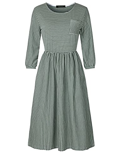 MEROKEETY Women's Short Sleeve Striped High Waist T Shirt Midi Dress with Pockets, Olive, Medium