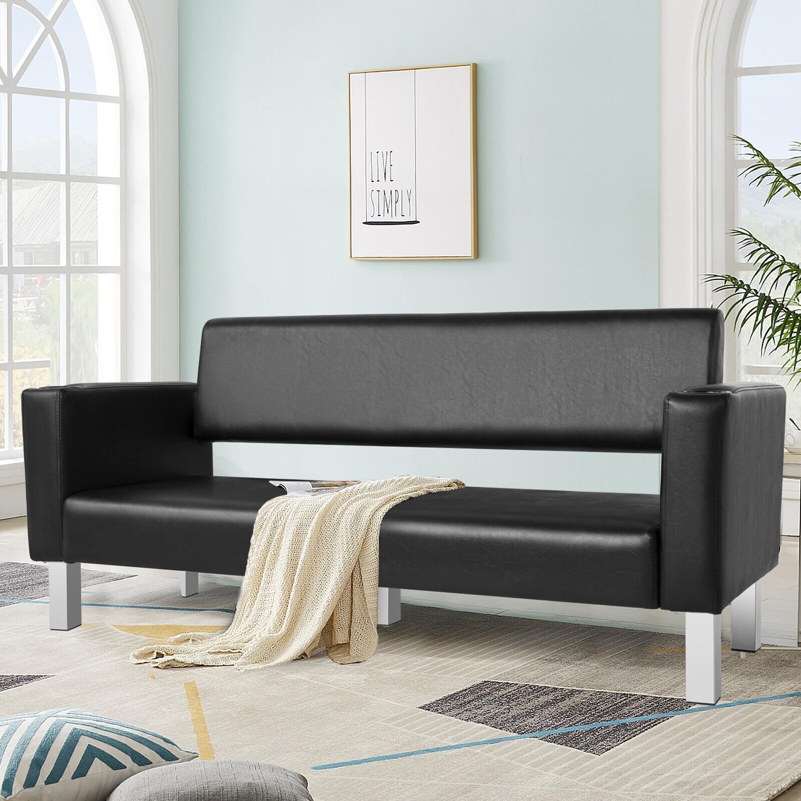 Artist hand Office Reception Chairs Waiting Room Bench Guest Chairs, Leather Bench 60.6'' Conference Room Chairs with 2 Cup Holder Office Couch Stainless Steel Base Chair
